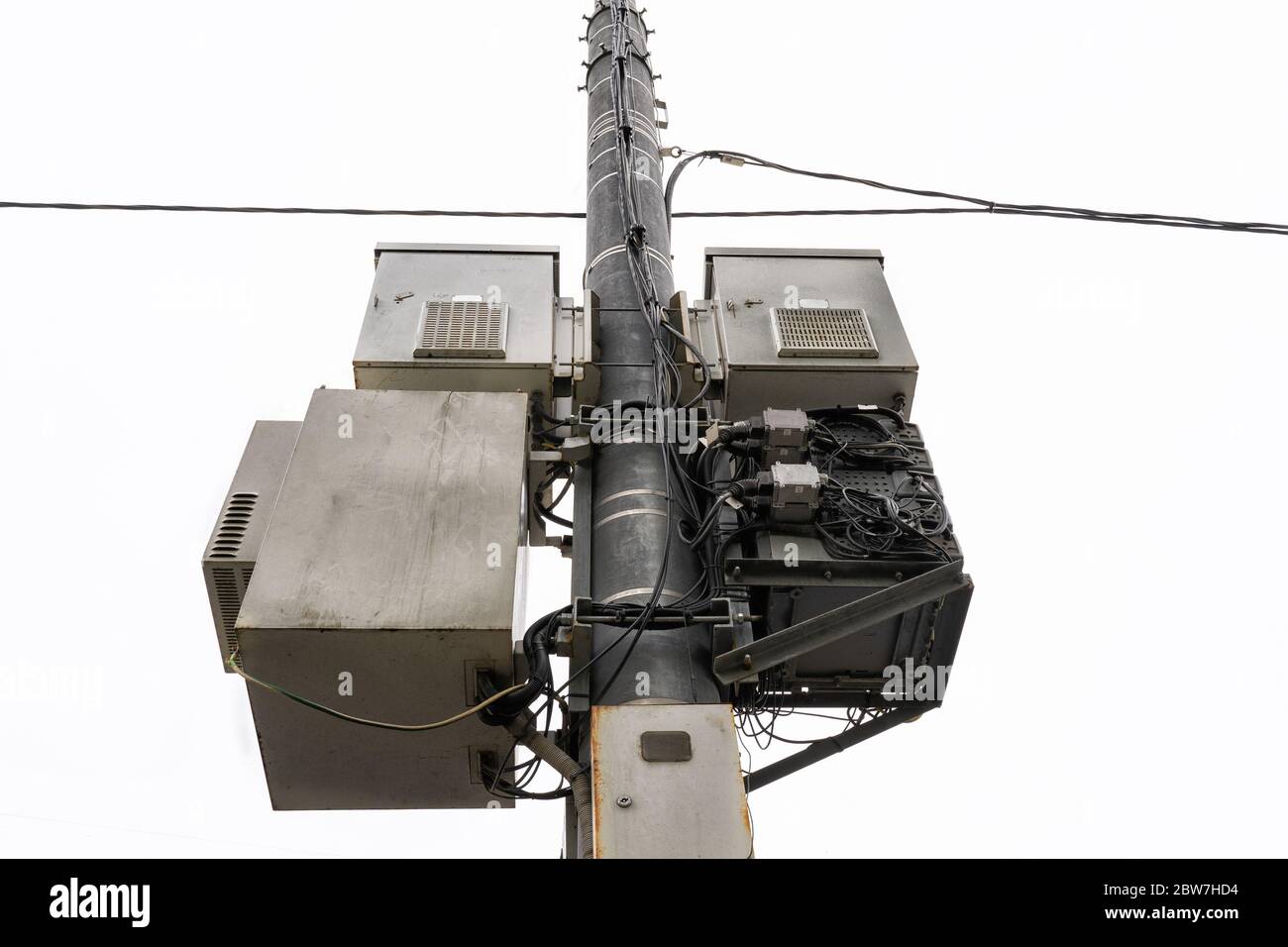 5g tower close-up on a background of gray nondescript sky Stock Photo ...