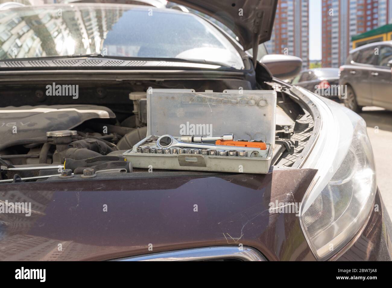 Auto mechanic tool kit. The mechanic has prepared tools for diagnosis ...