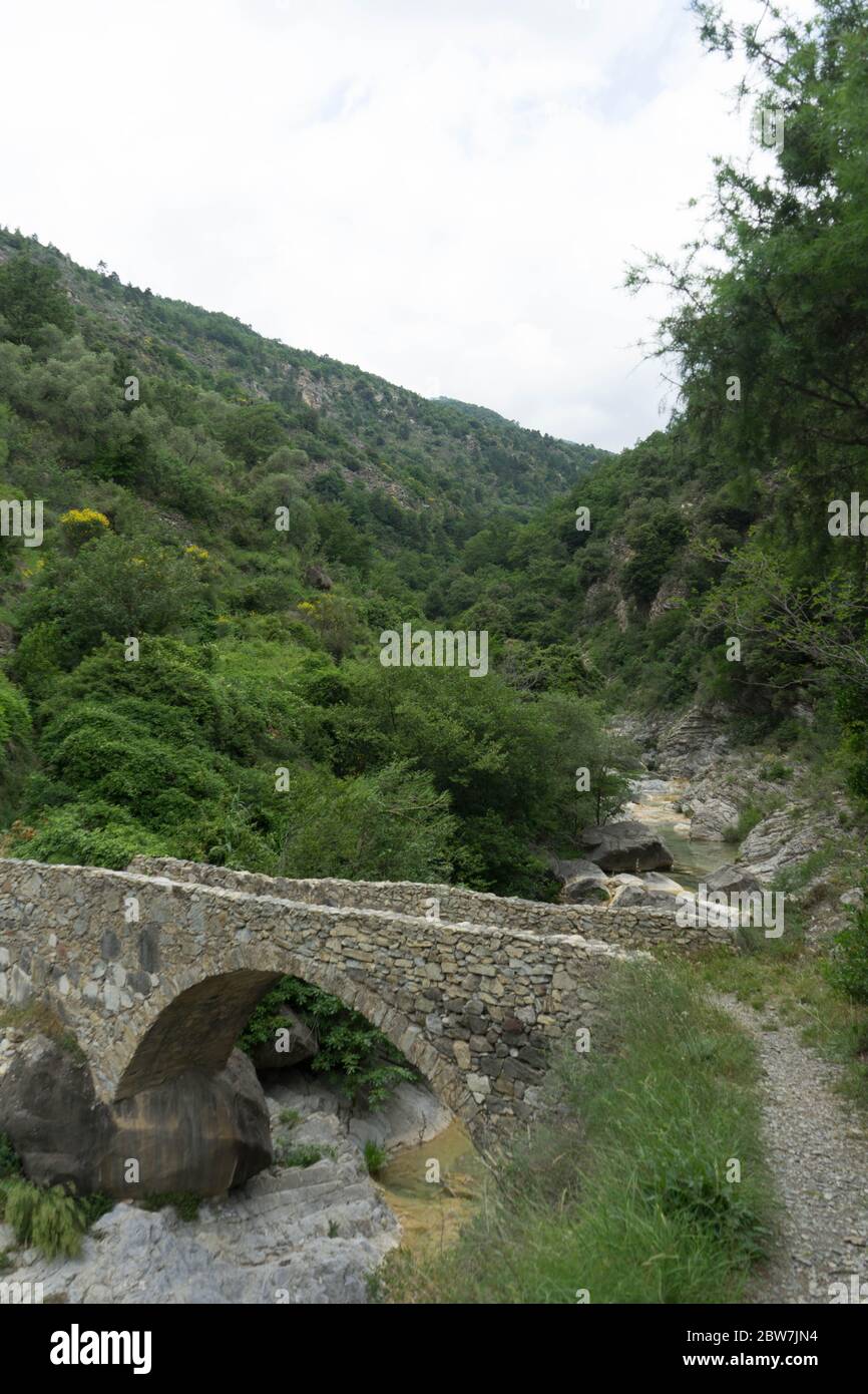 Stone bridge in the Nervia Valley near the Rio Barbaira stream ...
