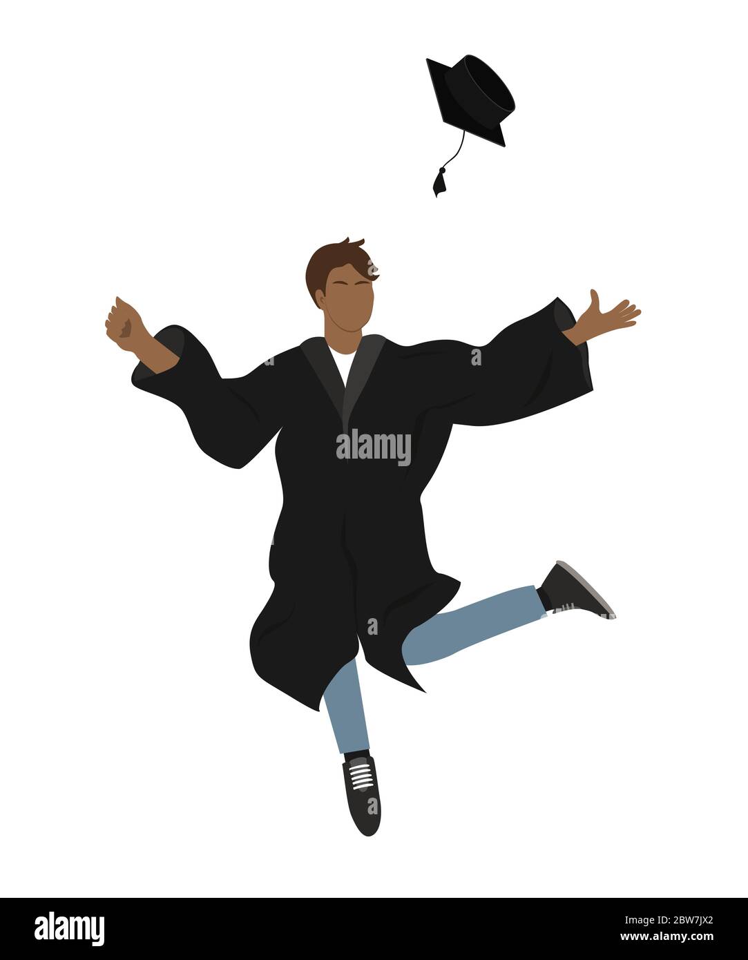 Young graduate student in graduation gown jumping and throwing the ...