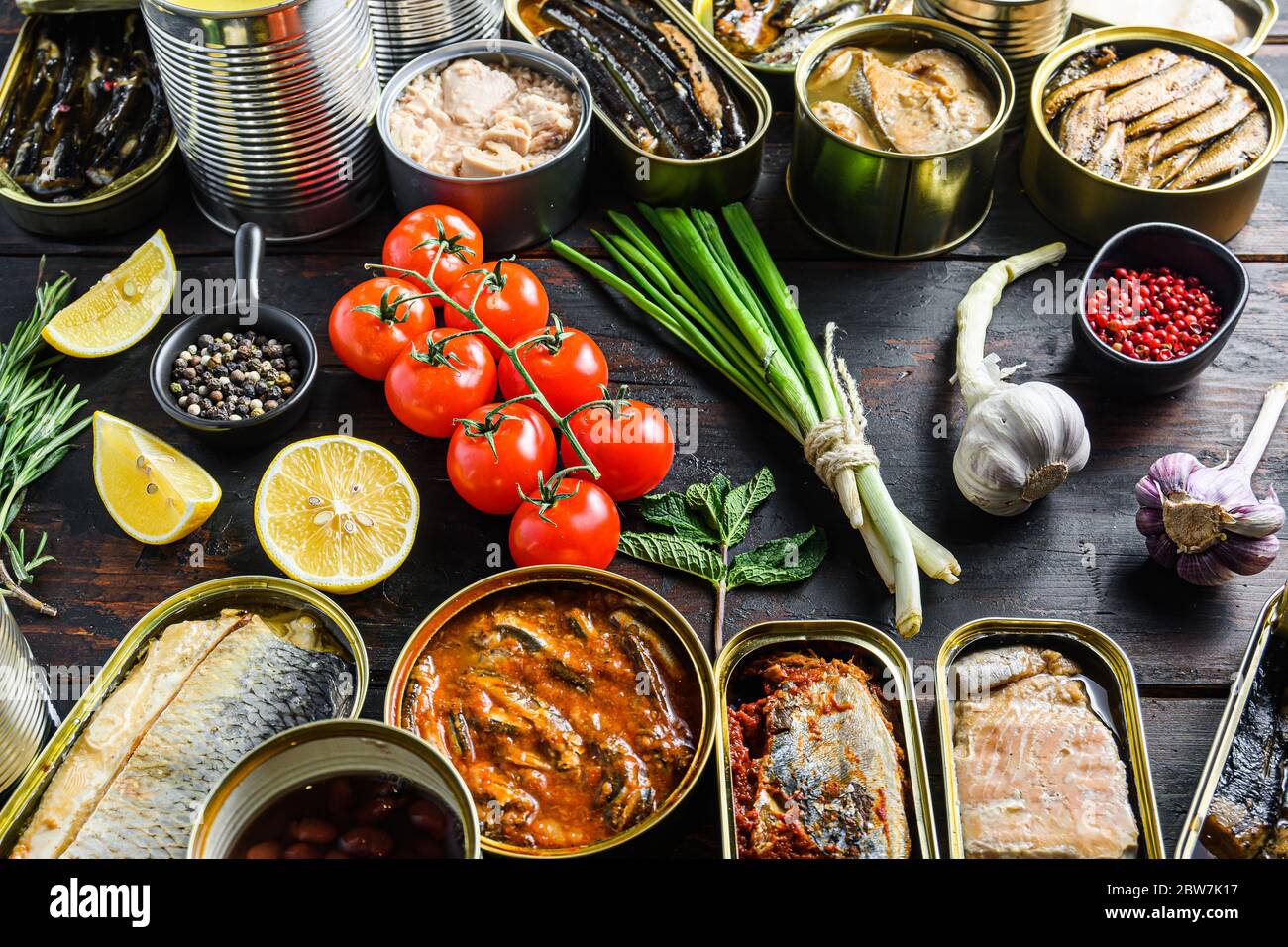Canned preserves food in cans with fresh organic bio ingredients ...