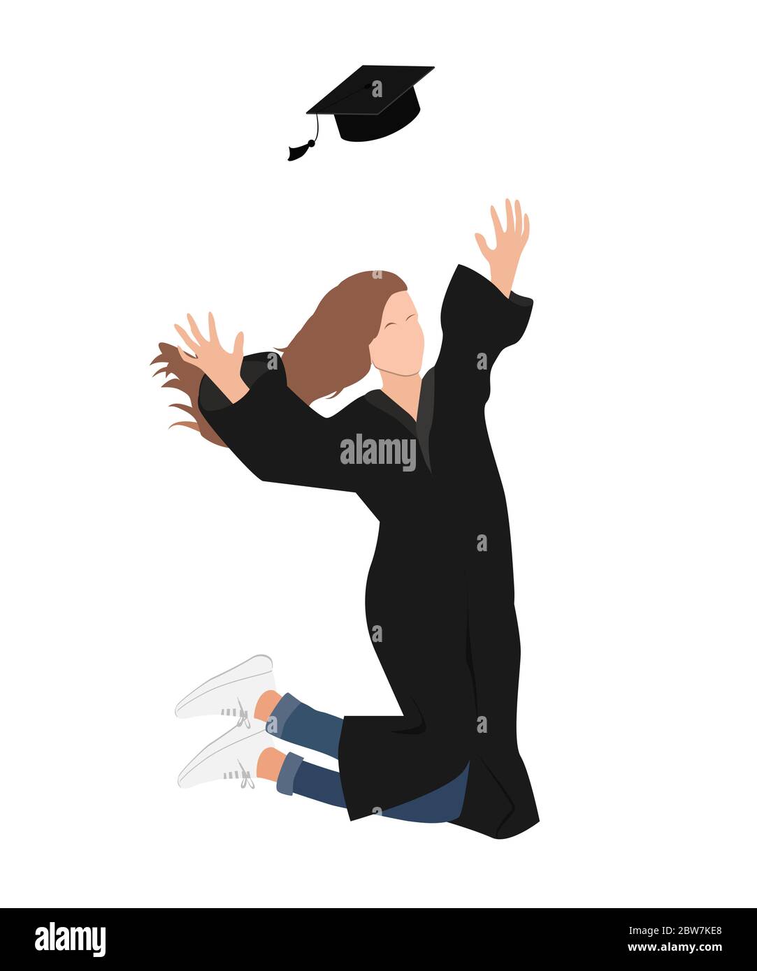 Young graduate student girl in graduation gown jumping and throwing the ...