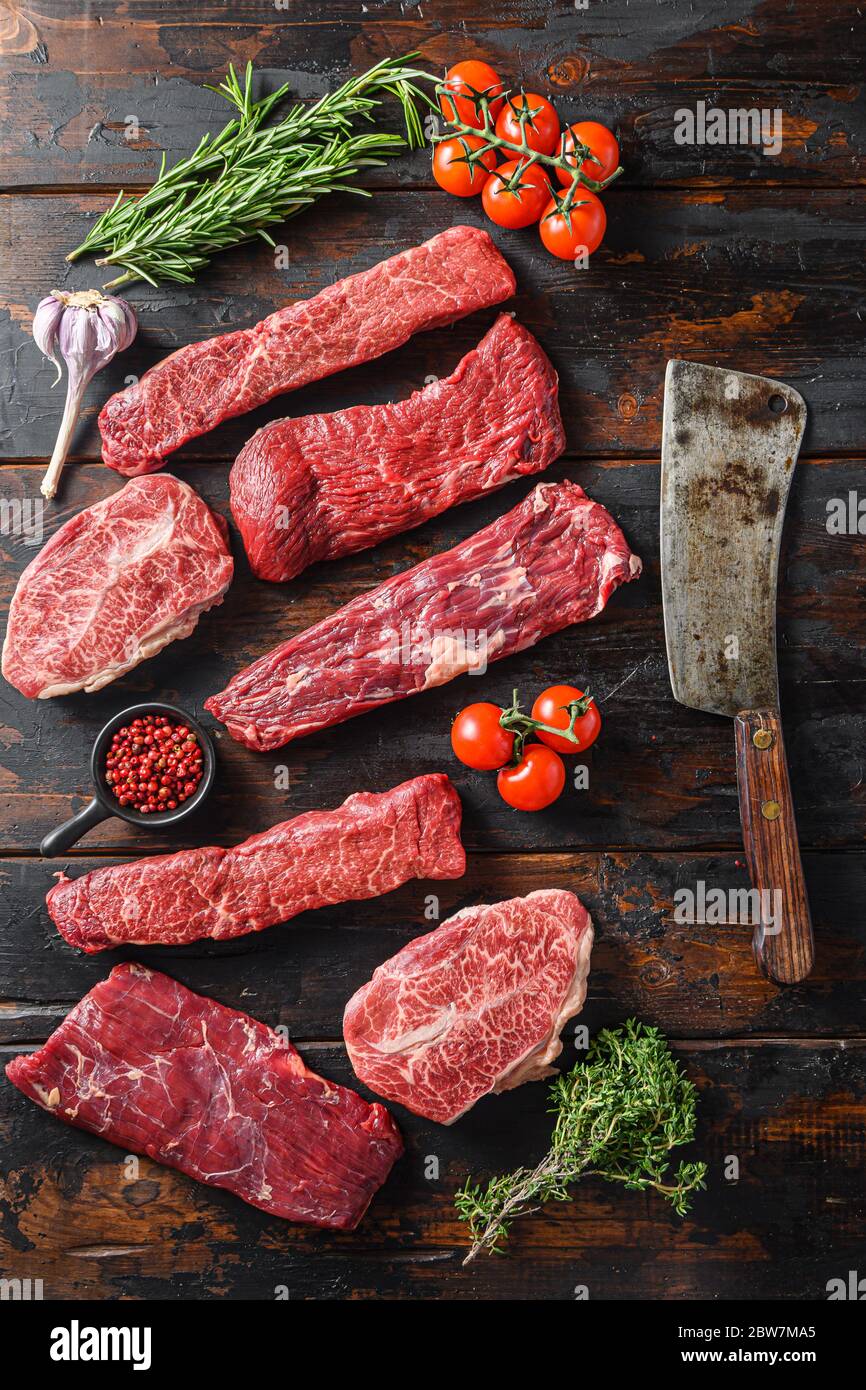 Set of flap flank Steak, machete steak or skirt cut, Top blade or flat ...
