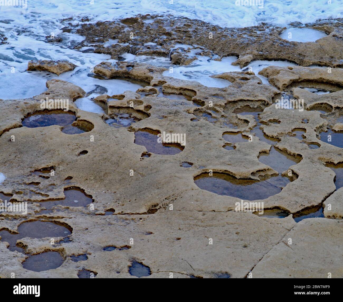 The rock pools in the sandstone shelf on the beach at Sliema, Malta ...