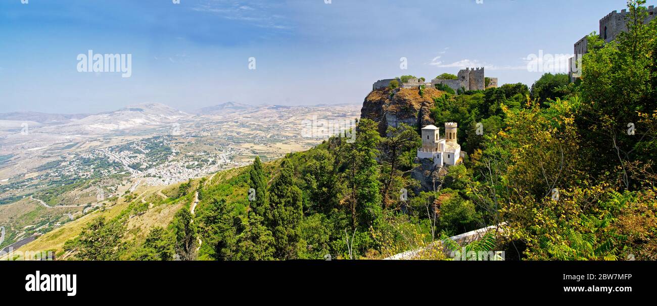 The panoramic view of three ancient fortresses of Erice town, Sicily ...