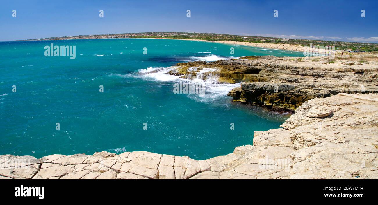 Scenic coastline with rocky cape near Sampieri beach, Sicily, Italy ...