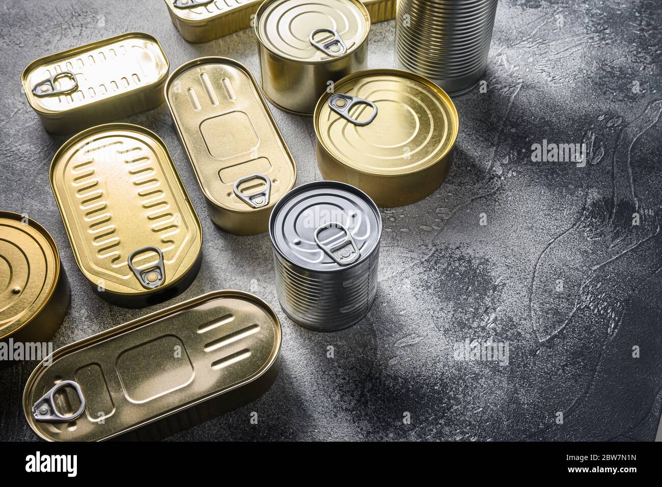 Various closed canned food, fish , fruits, vegetables, meat, soup ...