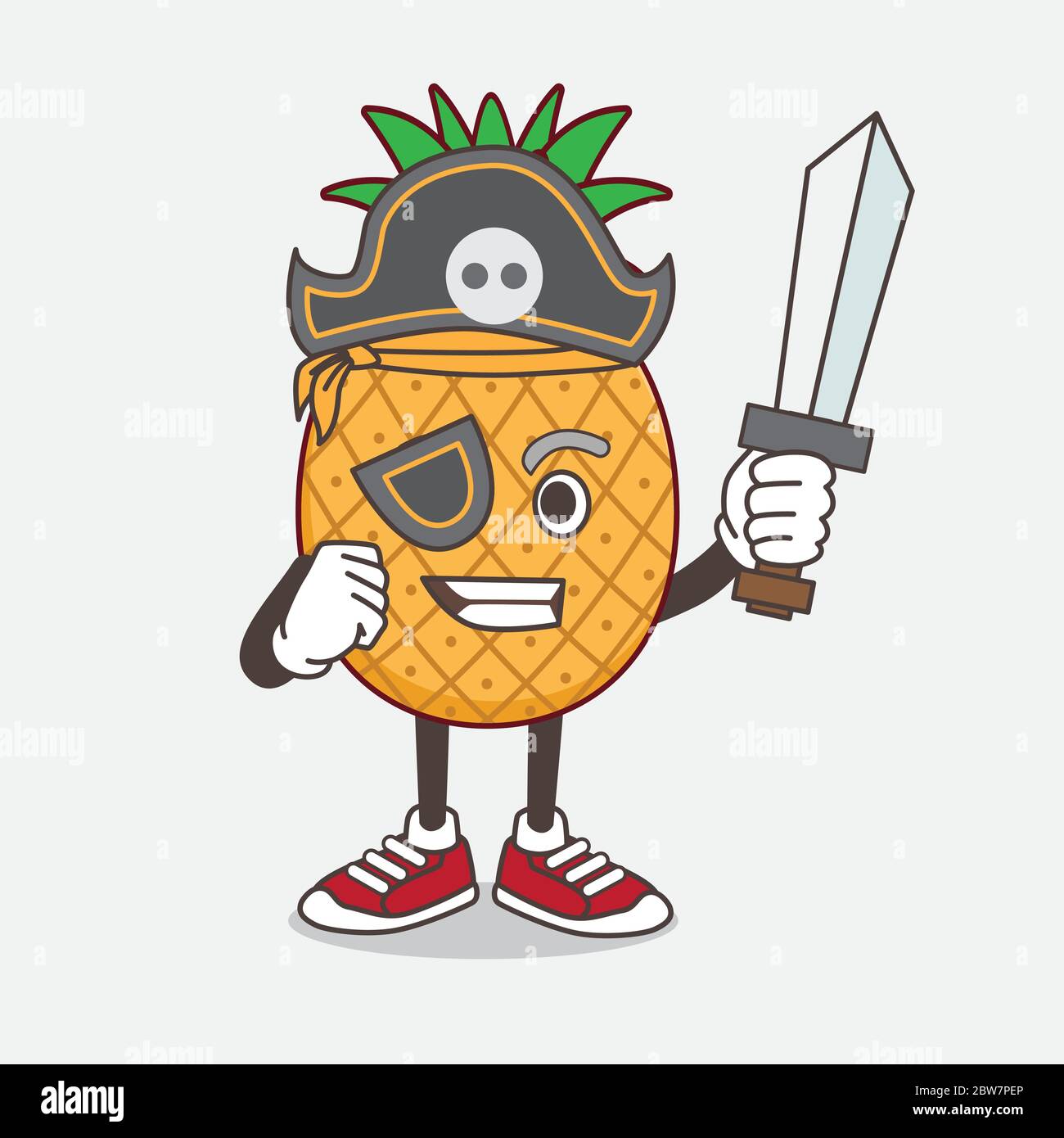 An illustration of Pineapple Fruit cartoon mascot character in pirate style and wearing hat and ...