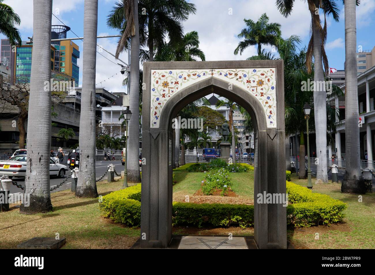 Port Louis, Mauritius - August 16, 2018: A small decorated arch at ...