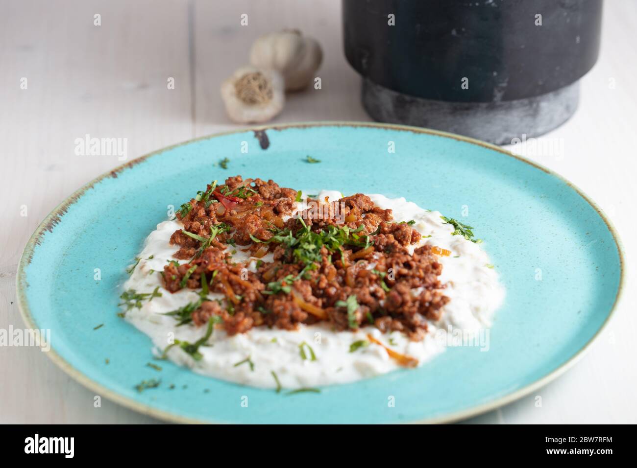 Turkish and Arabic Traditional Ramadan Kebab Ali Nazik on white rustic ...