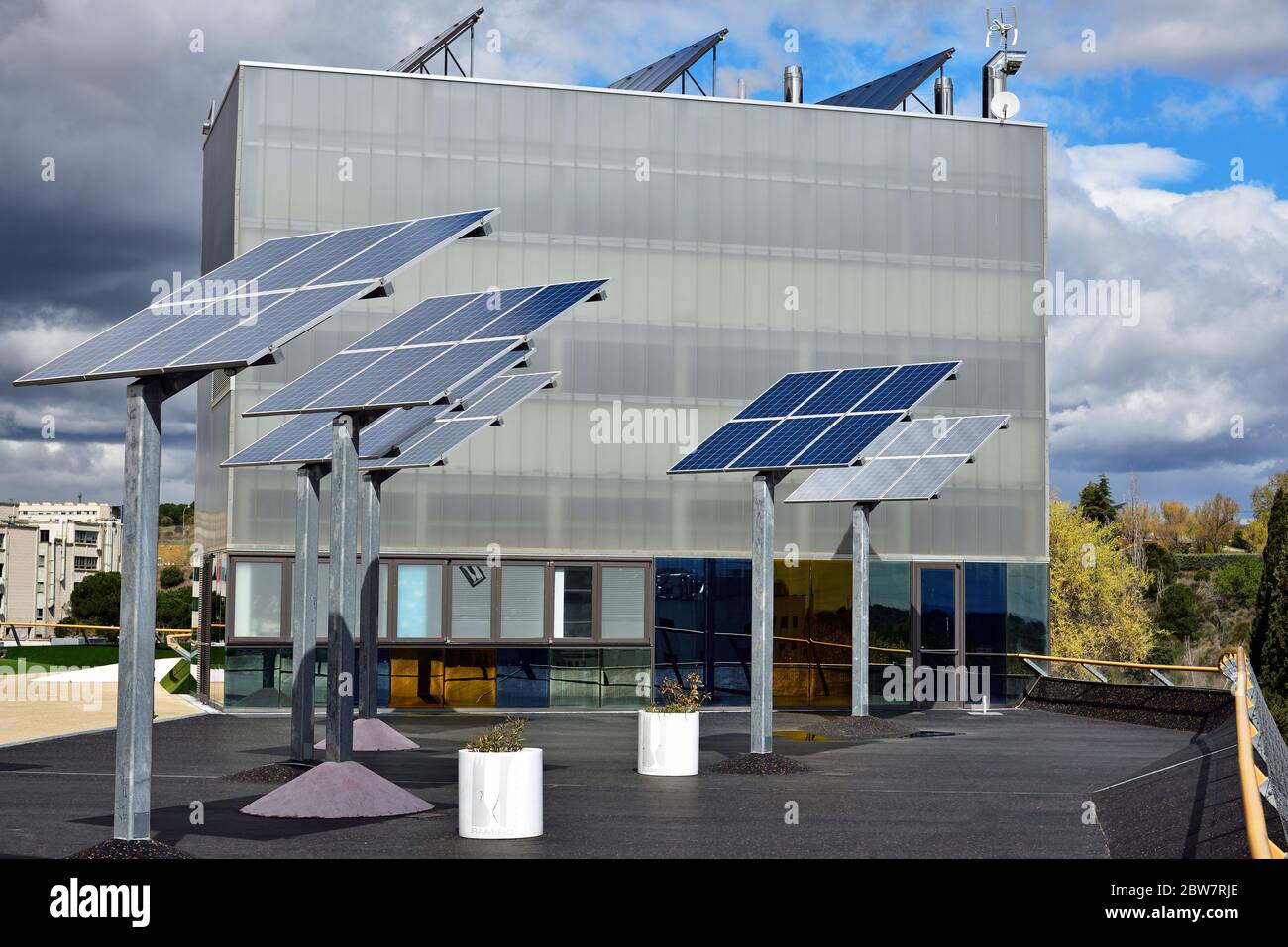 MADRID / SPAIN - APRIL 10, 2019 - A solar panels on the modern 'Plaza ...