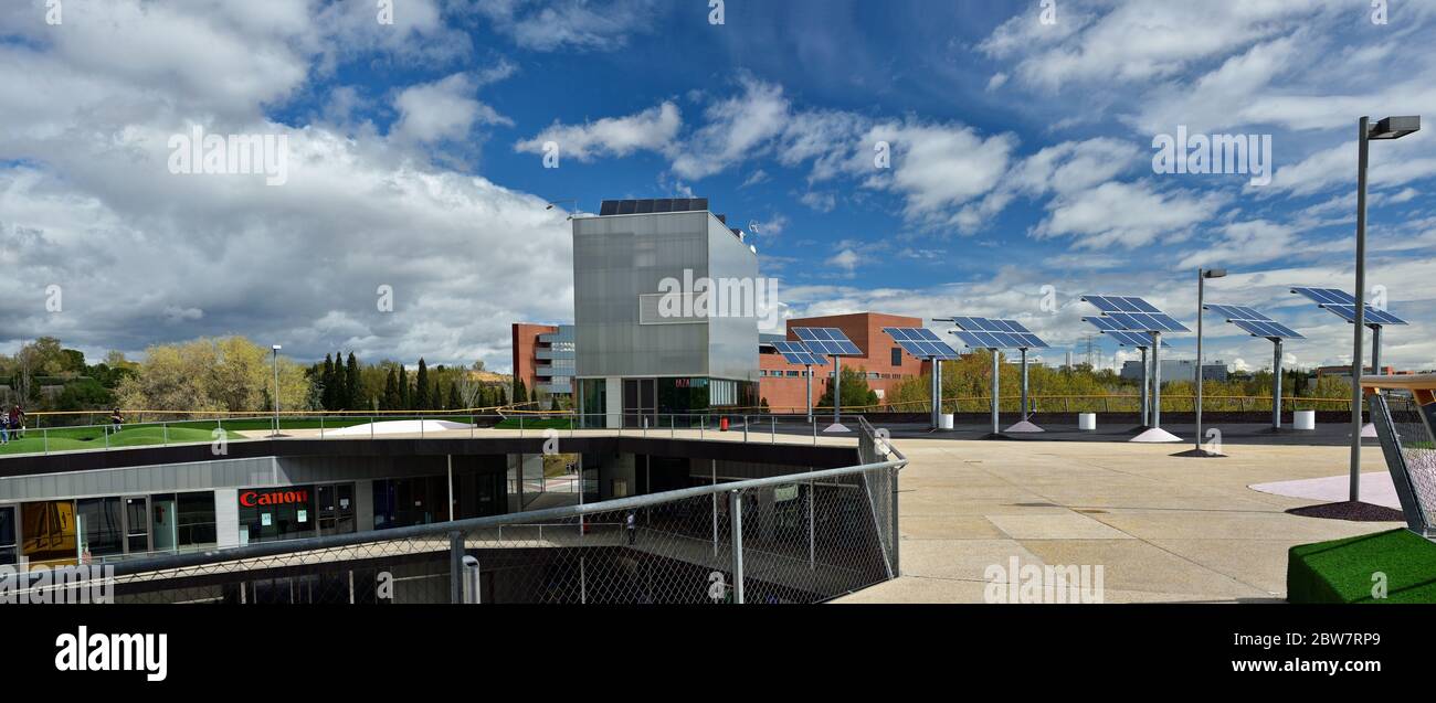 MADRID / SPAIN - APRIL 10, 2019 - A solar panels on the modern 'Plaza ...