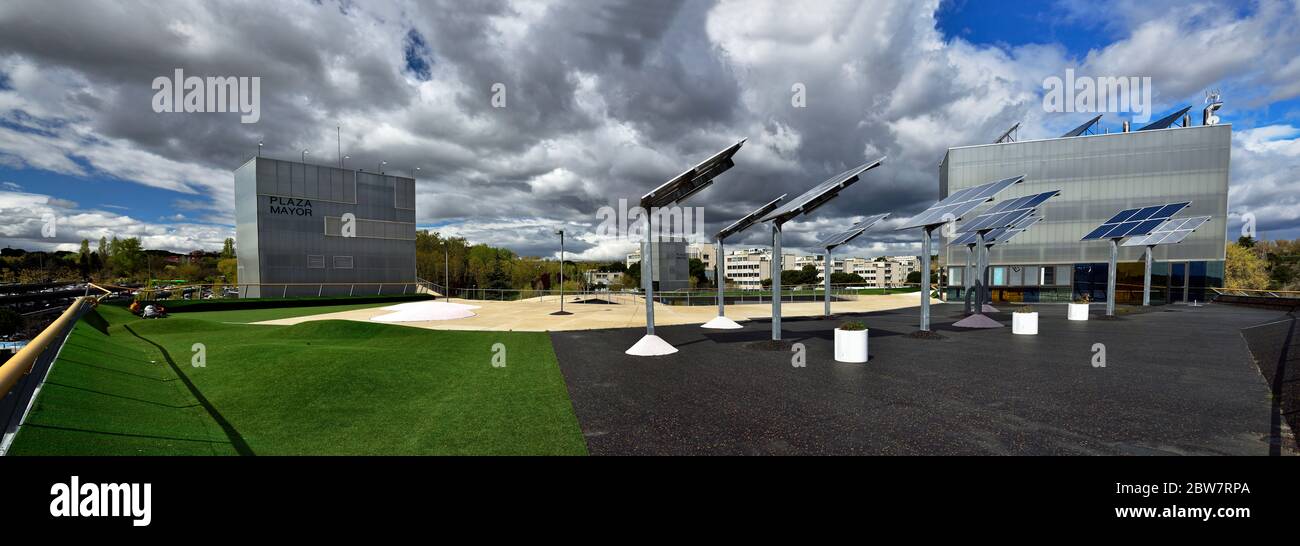 MADRID / SPAIN - APRIL 10, 2019 - A solar panels on the modern 'Plaza ...