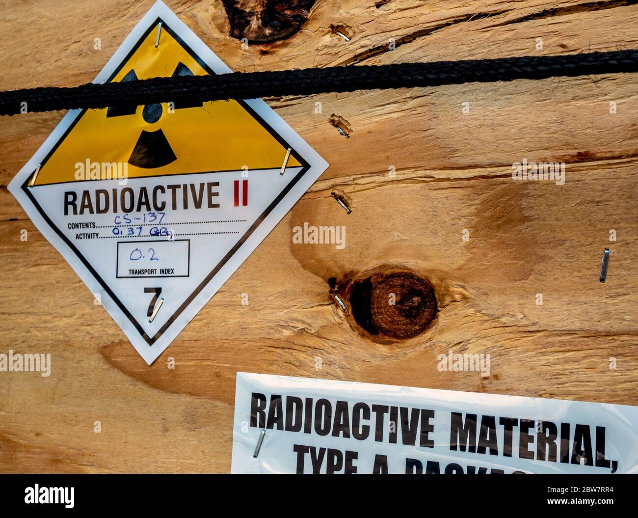 Radioactive material label beside the transportation wooden box Type A ...