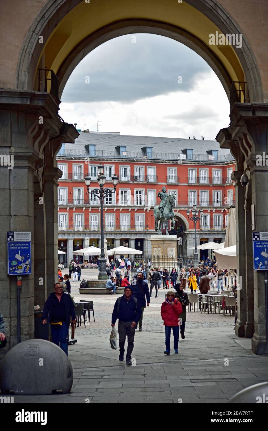 MADRID / SPAIN - APRIL 11, 2019 - The Plaza Mayor in Madrid, one of the ...