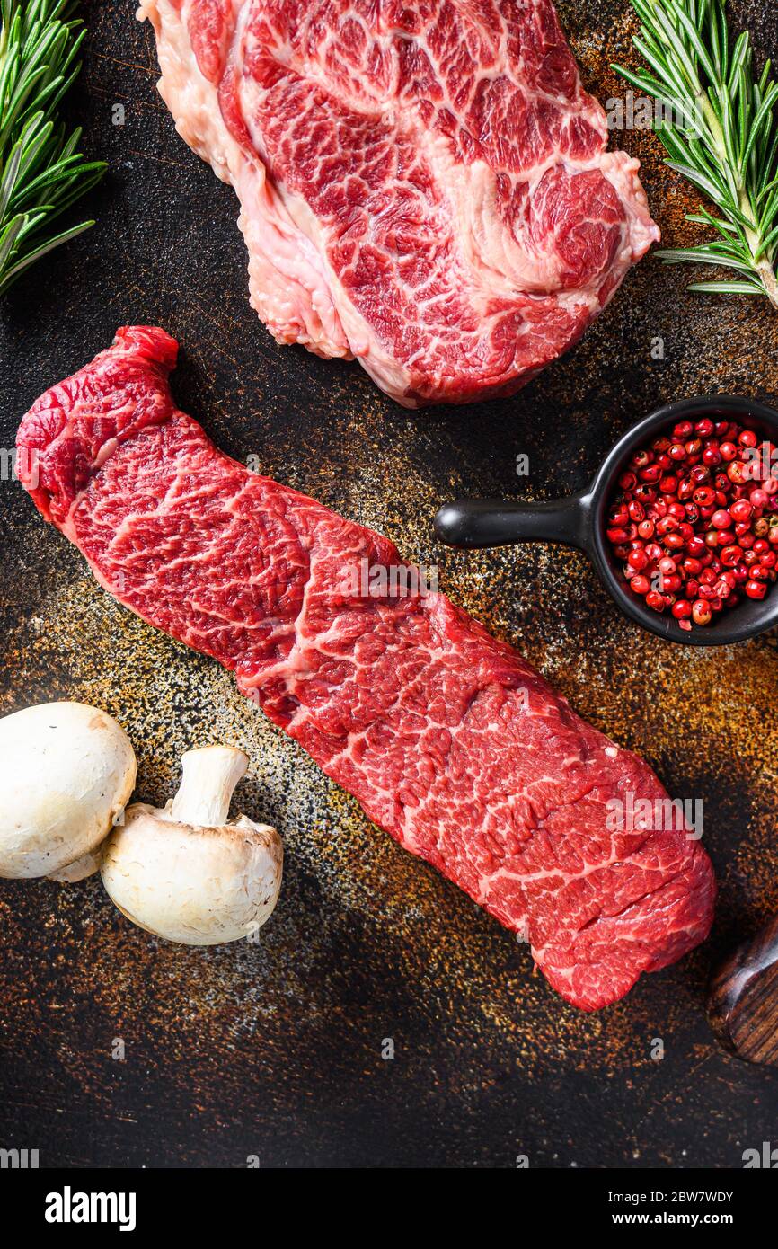 Close up denver steak cutwith set of different alternative types of raw ...