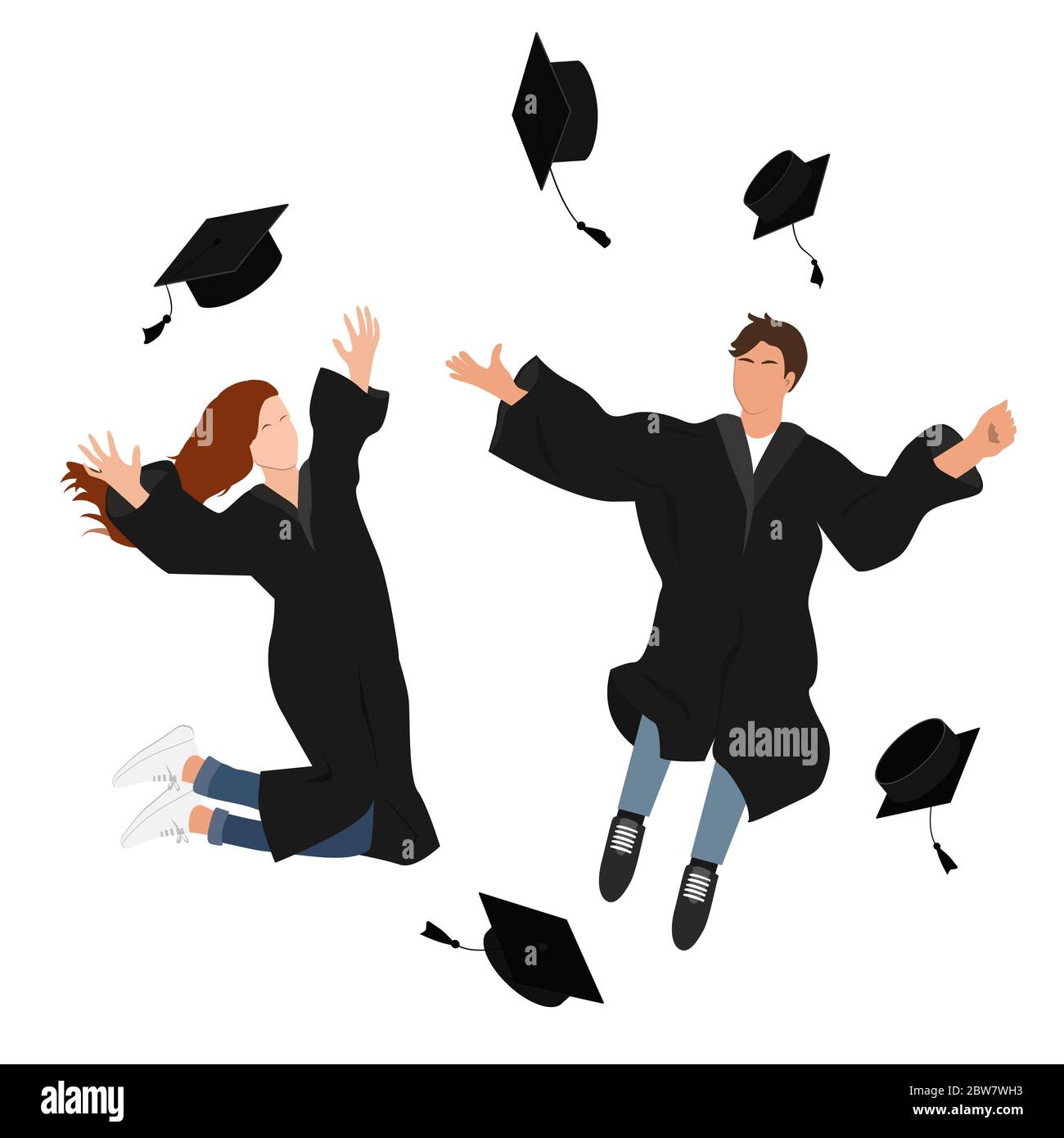 Young graduate students girl and guy in graduation gown jumping and ...