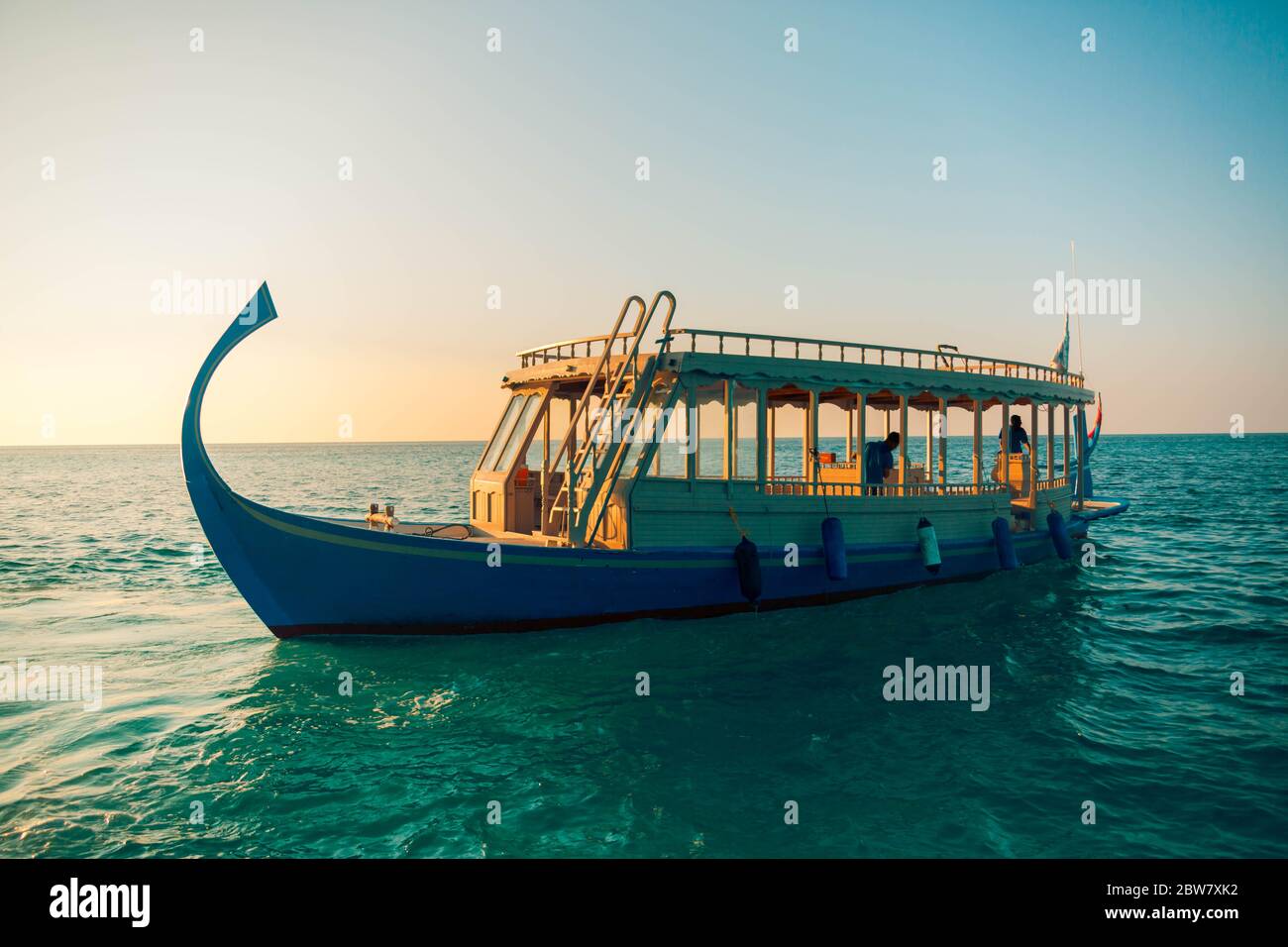 Maldives background with boat and tropical beach scene, blue sea and ...
