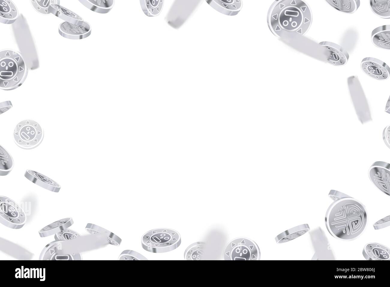 Bright glossy silver ancient coins, silver rain on white, template with ...