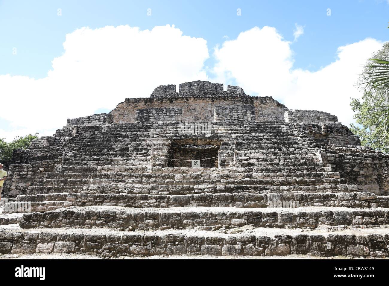 Pyramid ruins built by the Aztec. Translation of sign in center: "Do ...