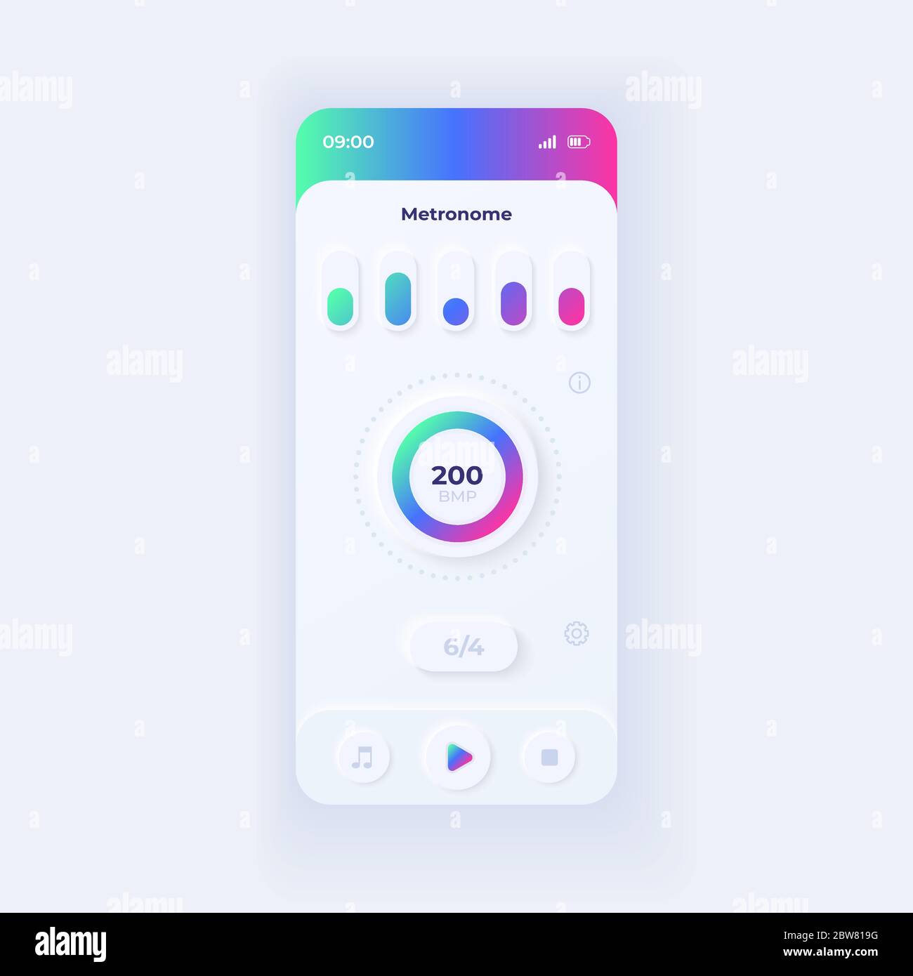 Metronome application smartphone interface vector template. Mobile app page light design layout ...