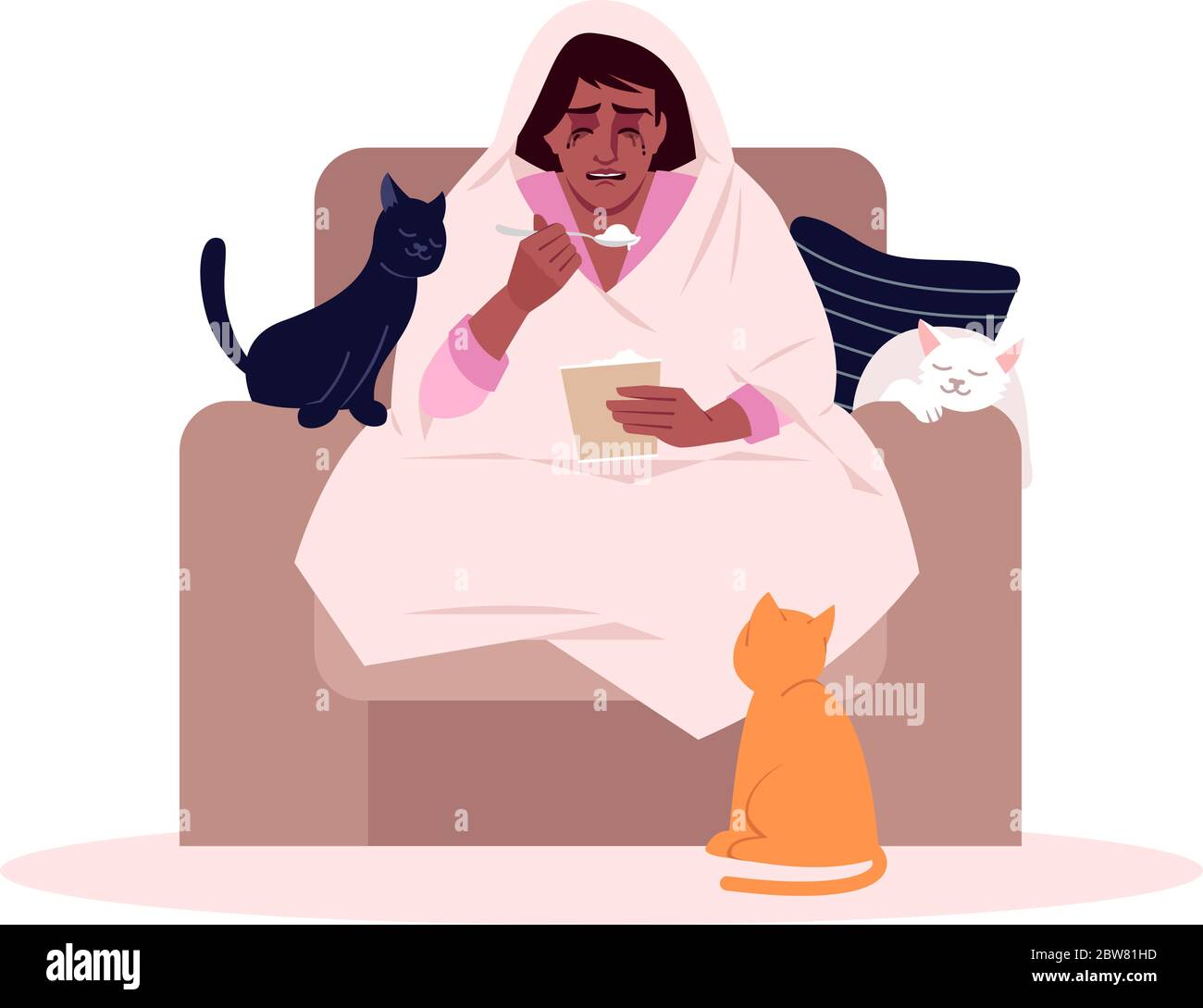 Crying woman eating ice cream semi flat RGB color vector illustration ...