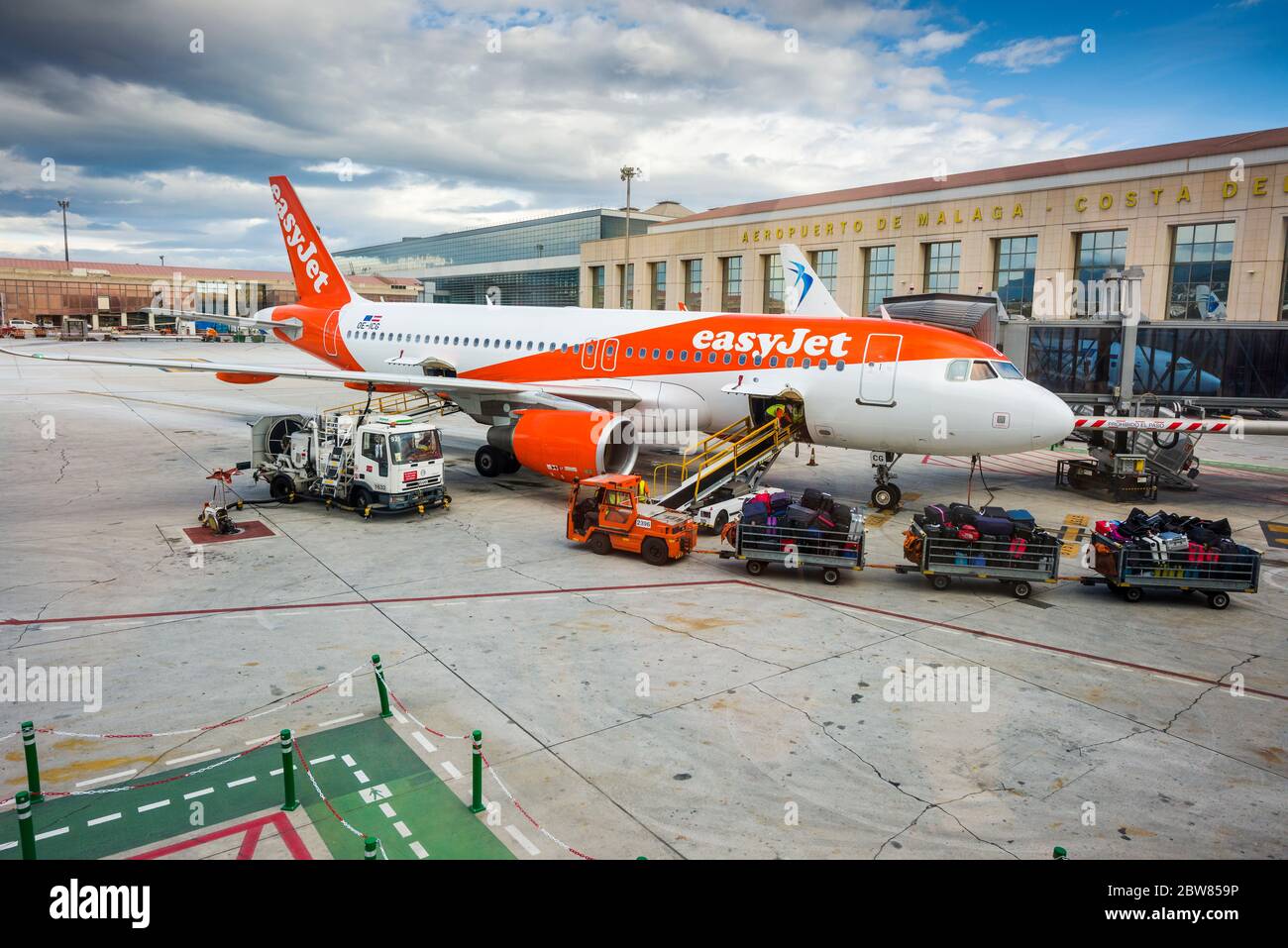 easy jet plane being loaded with cases before depatrture, malaga ...