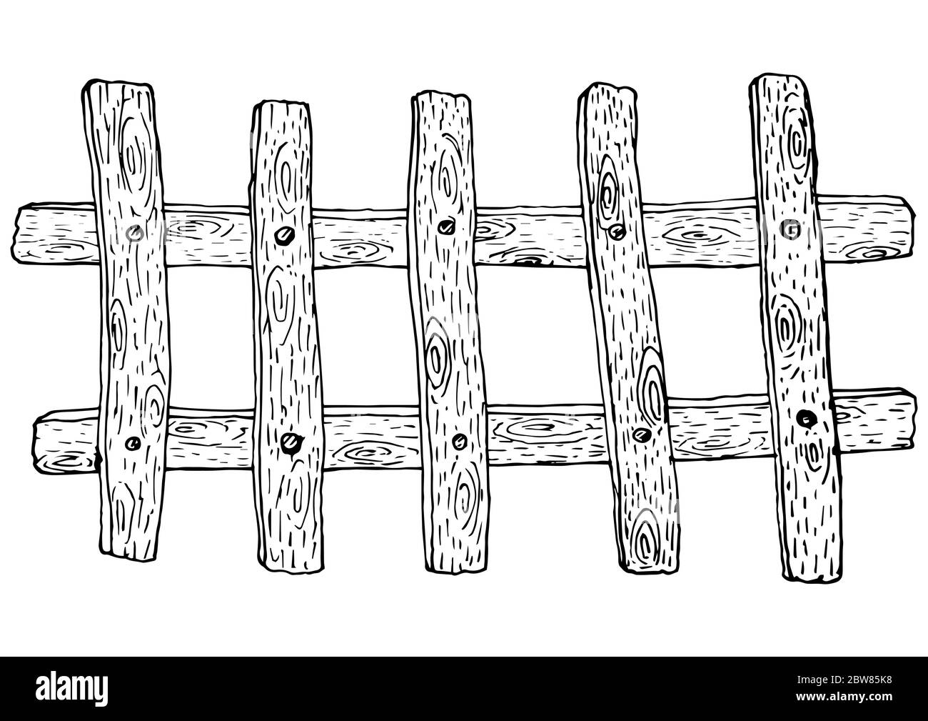 Sketch style old wooden fence plank in black line style on an isolated ...