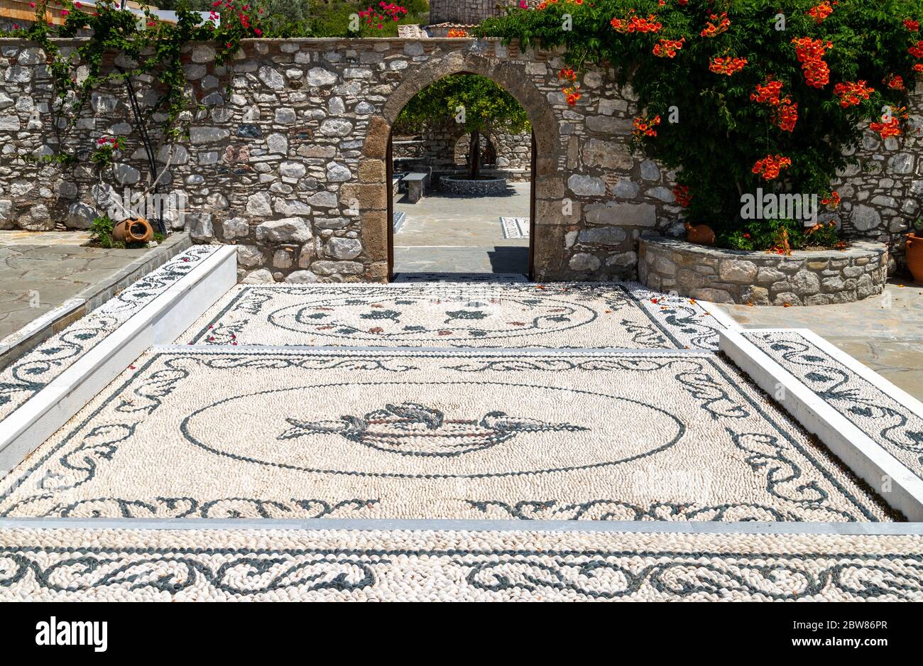 Pebble stone mosaic at Moni Thari monastery on Rhodes island, Greece ...
