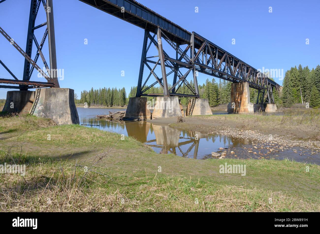 Train bridge over the North Saskatchewan River at the town of Rocky ...