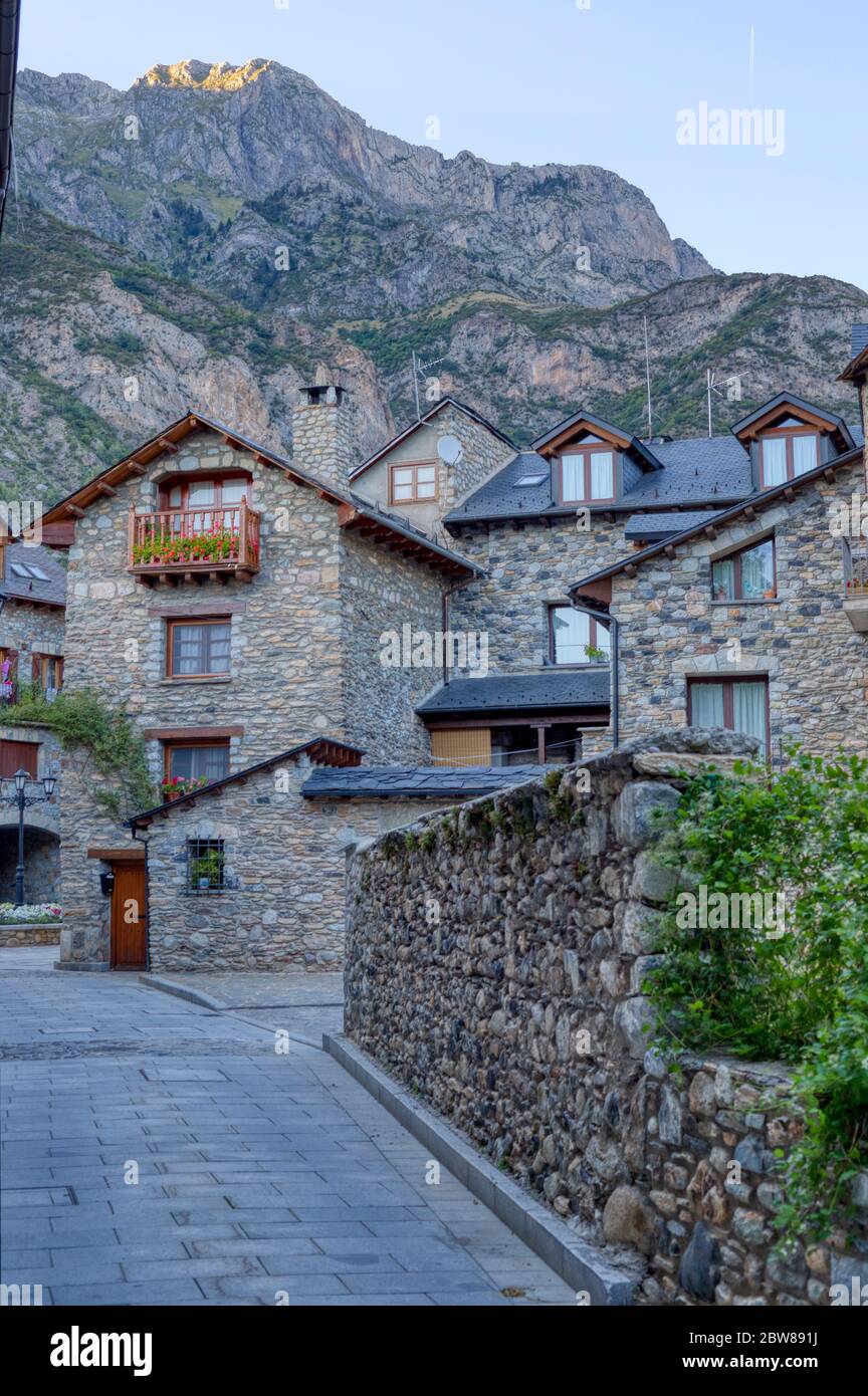 Benasque, Huesca/Spain; Aug. 20, 2017. Pictoresque street in Benasque ...