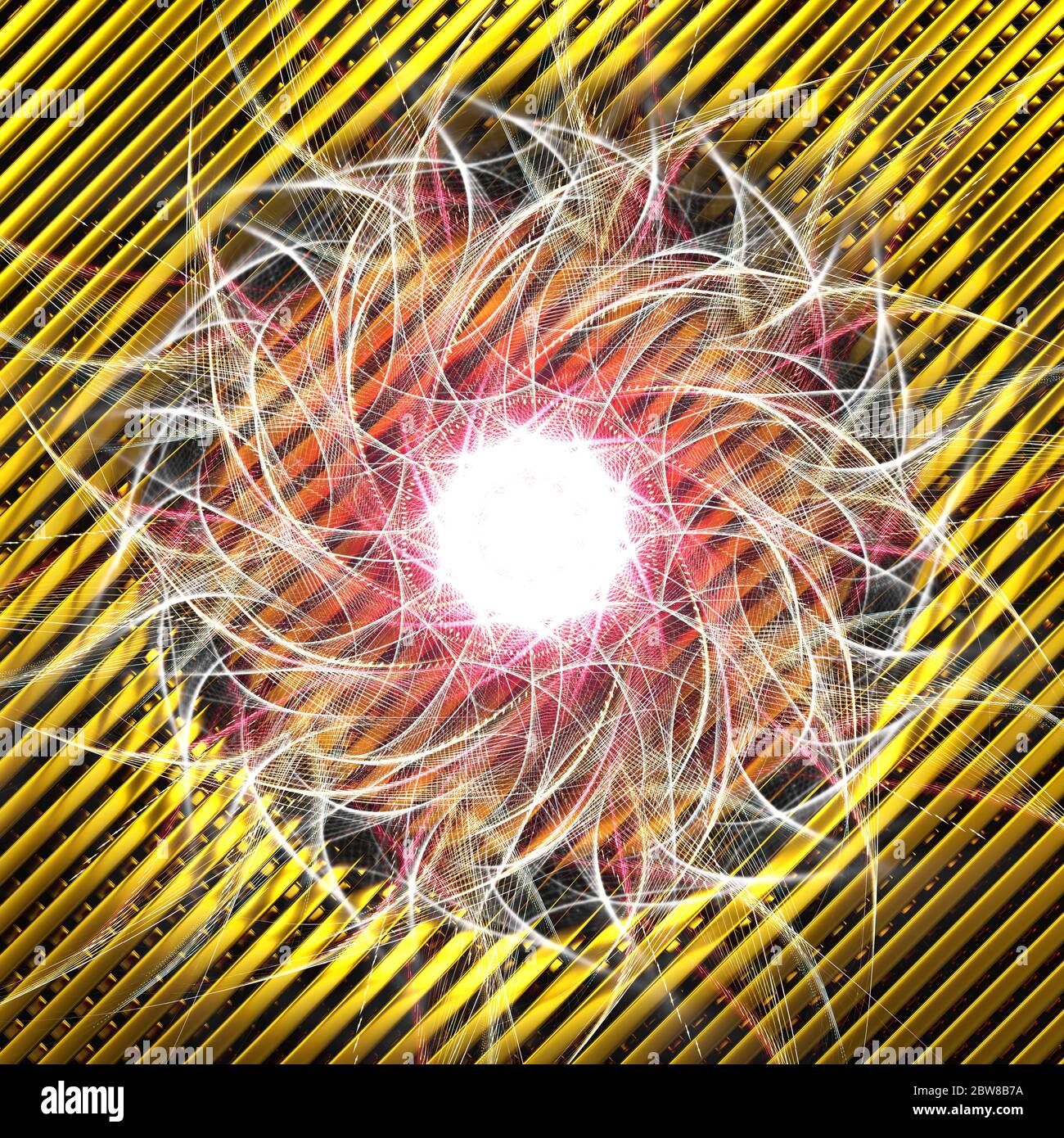 Futuristic composition of red energetic vortex on golden stripes ...