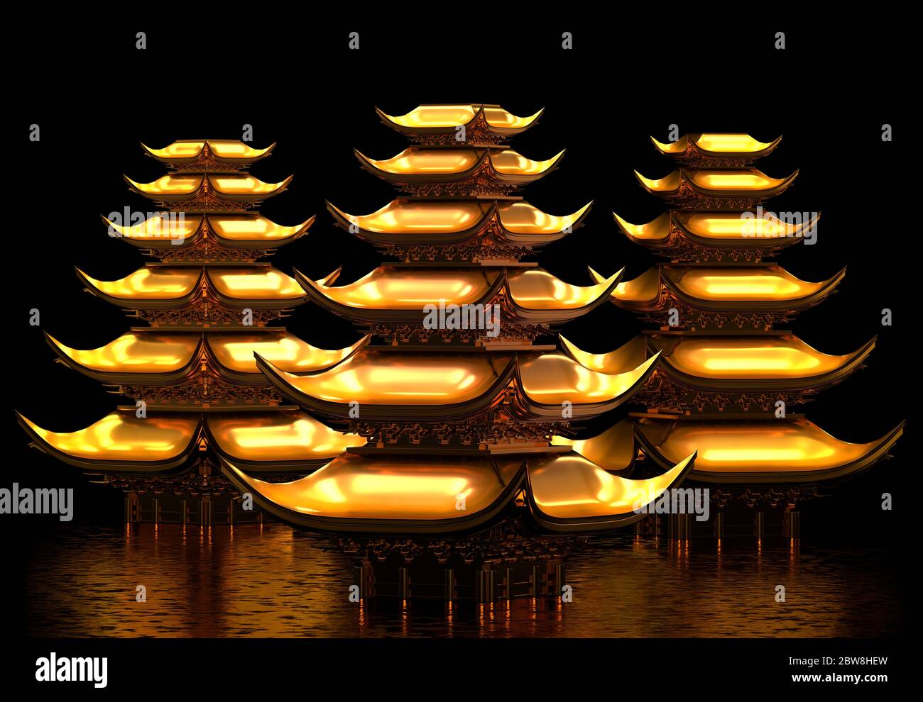 Three golden asian temples with glossy reflection Stock Photo - Alamy