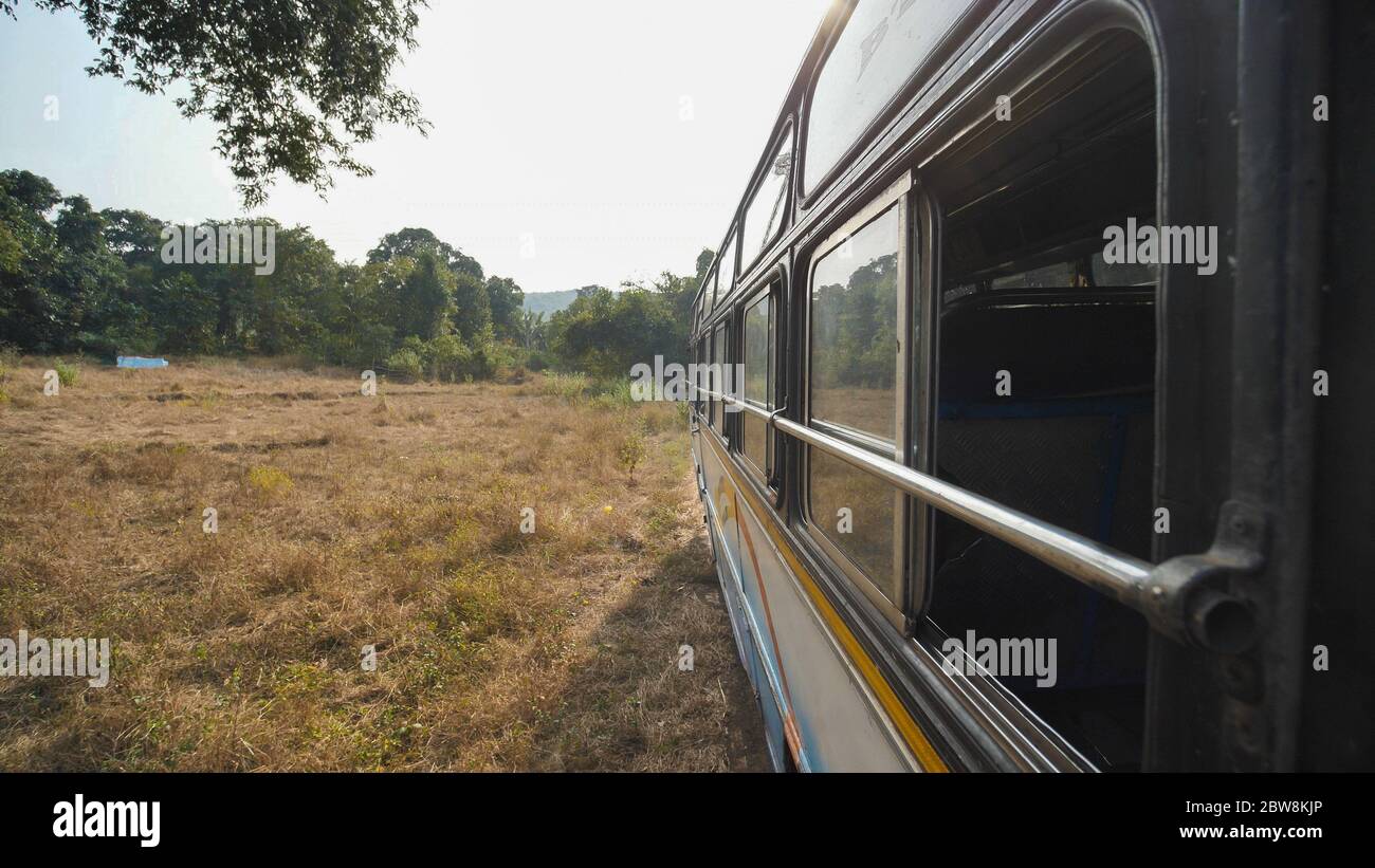 The view from the window of an intercity bus in India. State of Goa ...