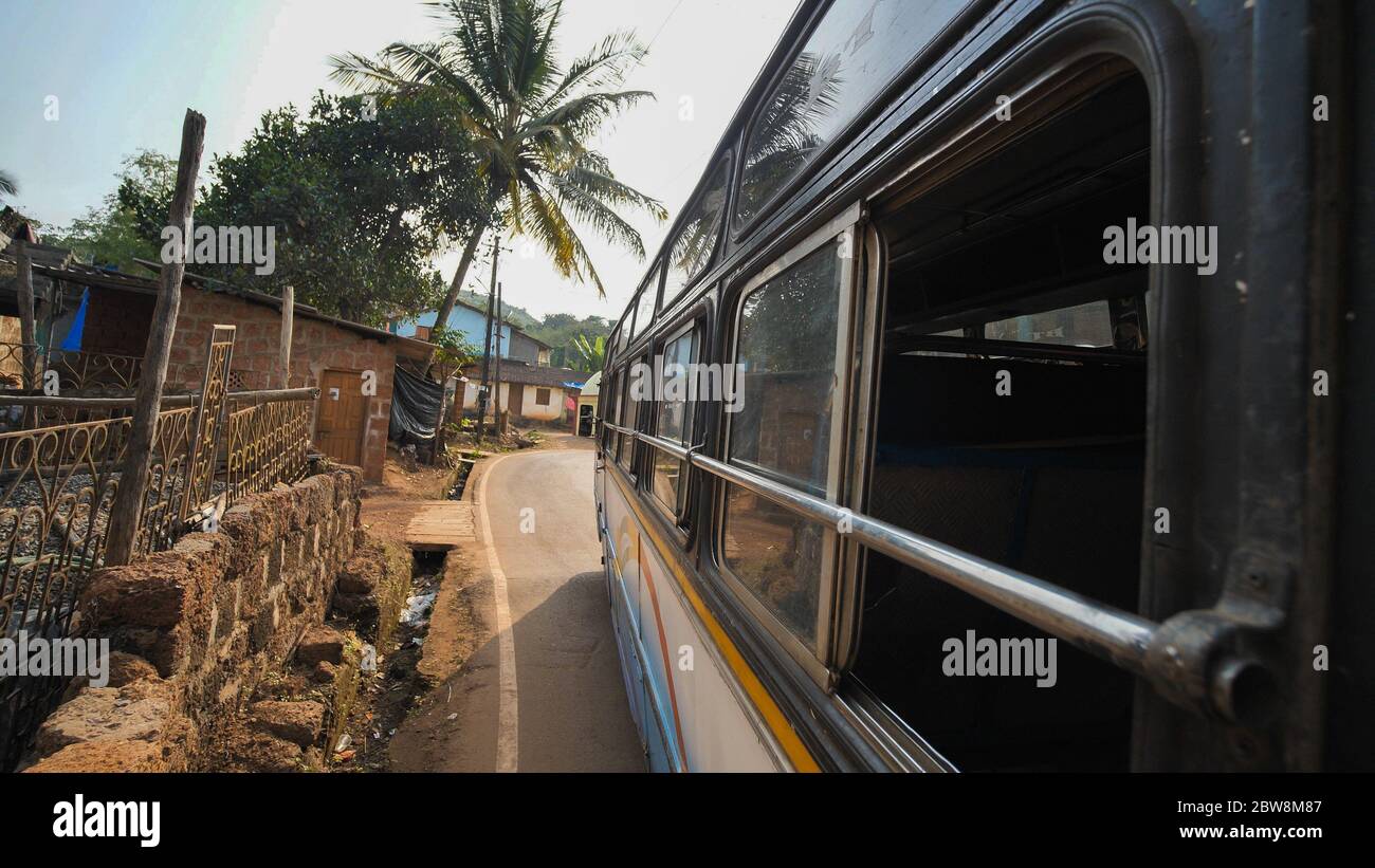 The view from the window of an intercity bus in India. State of Goa ...