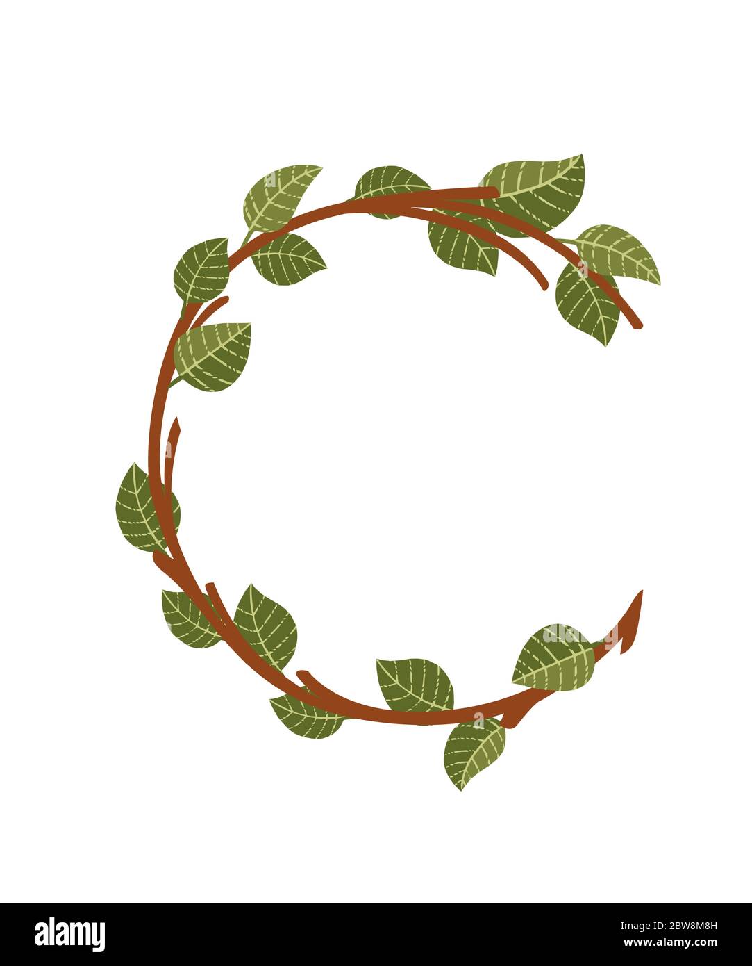 Letter C brown tree branches with green leaves eco font flat vector ...