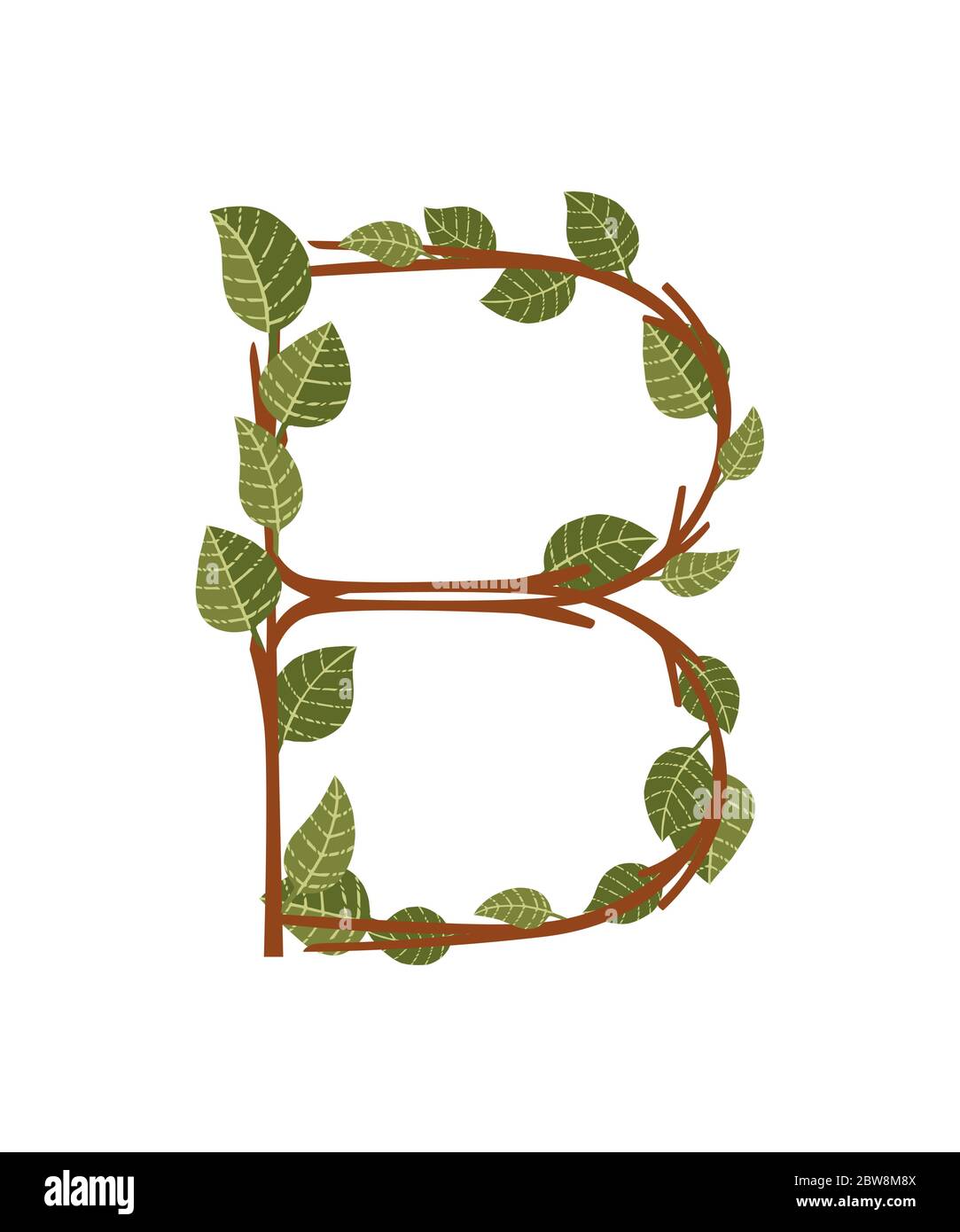 Letter B brown tree branches with green leaves eco font flat vector ...