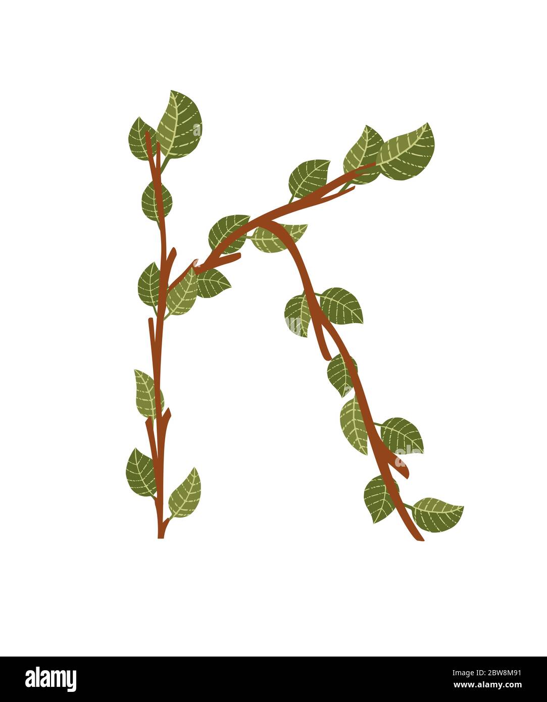 Letter K brown tree branches with green leaves eco font flat vector ...