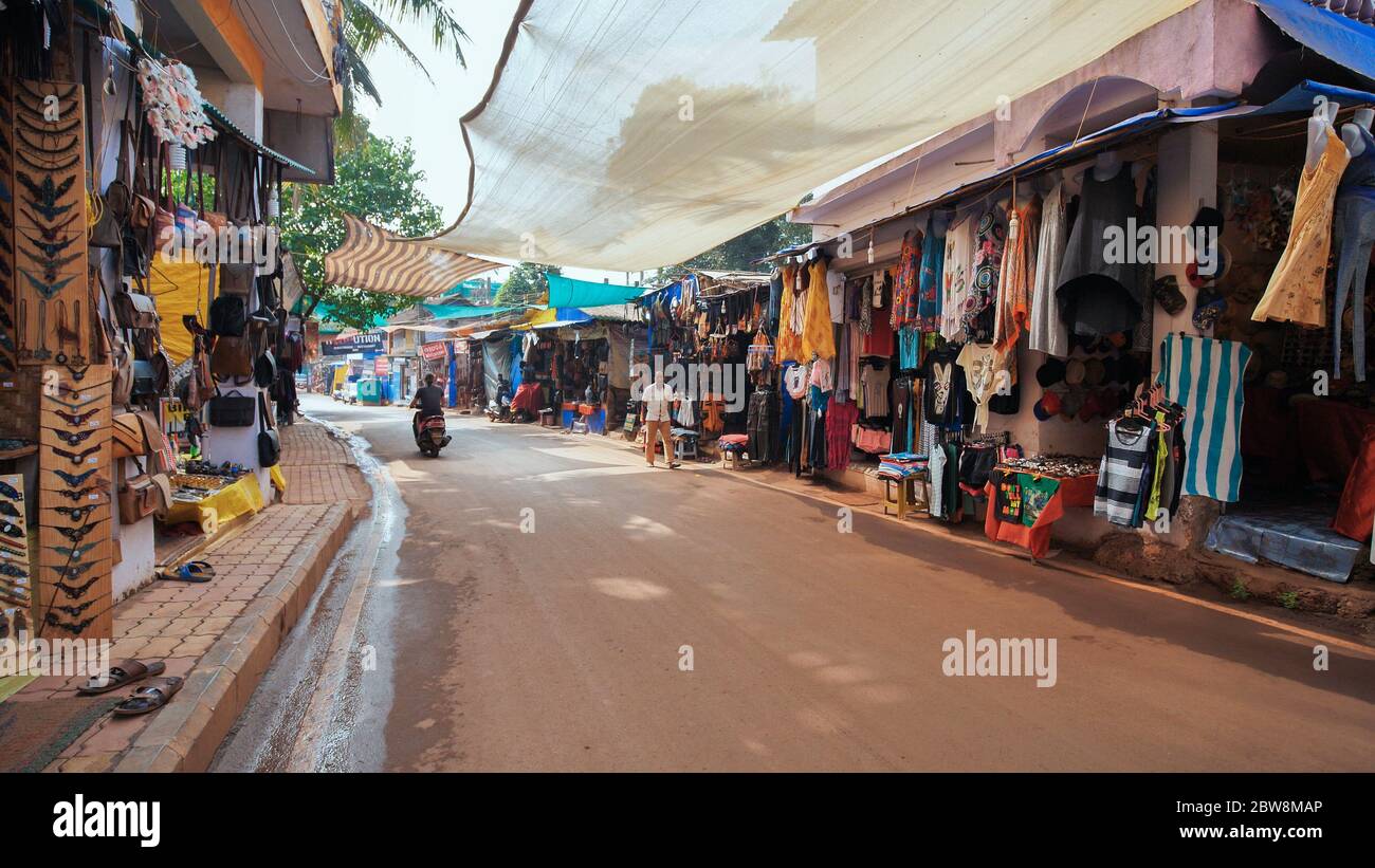 Arambol, India - December 12, 2018: Shopping streets of the tourist ...