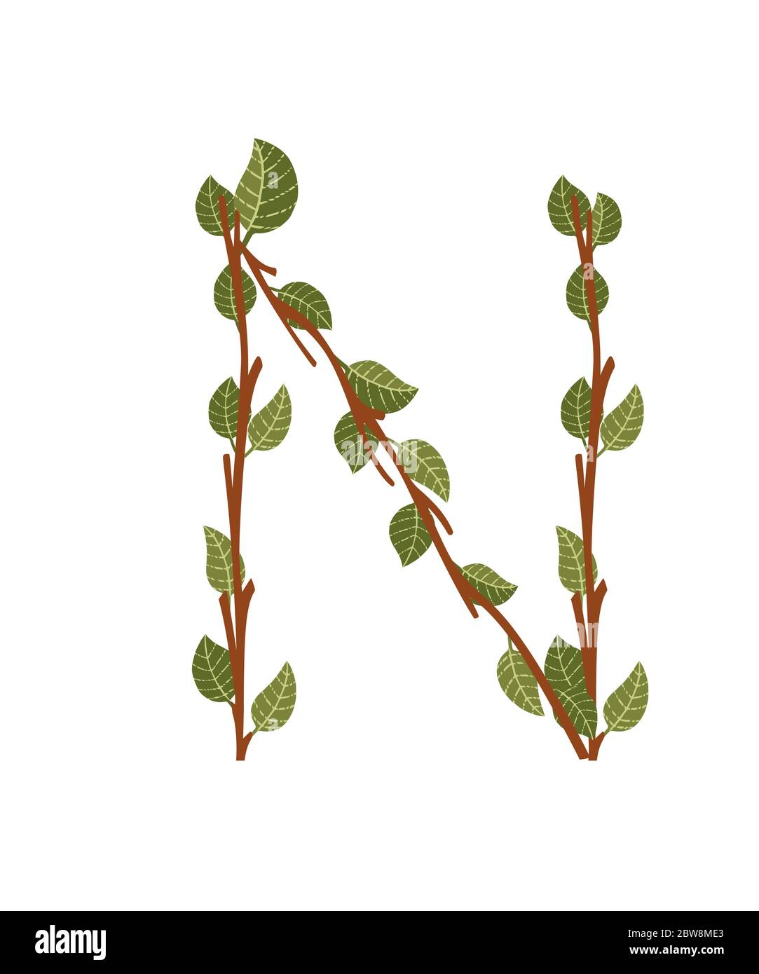 Letter N brown tree branches with green leaves eco font flat vector ...