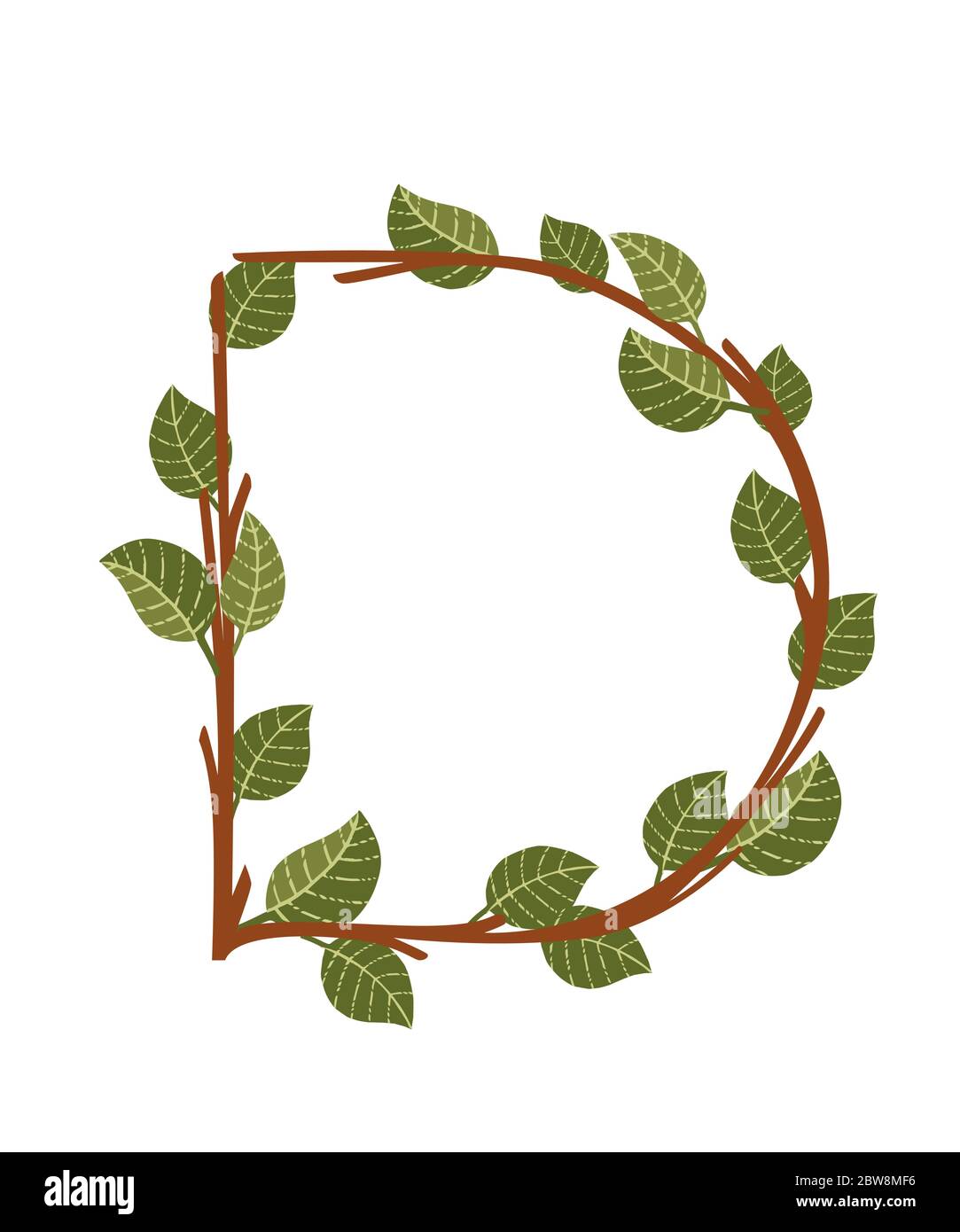 Letter D brown tree branches with green leaves eco font flat vector ...