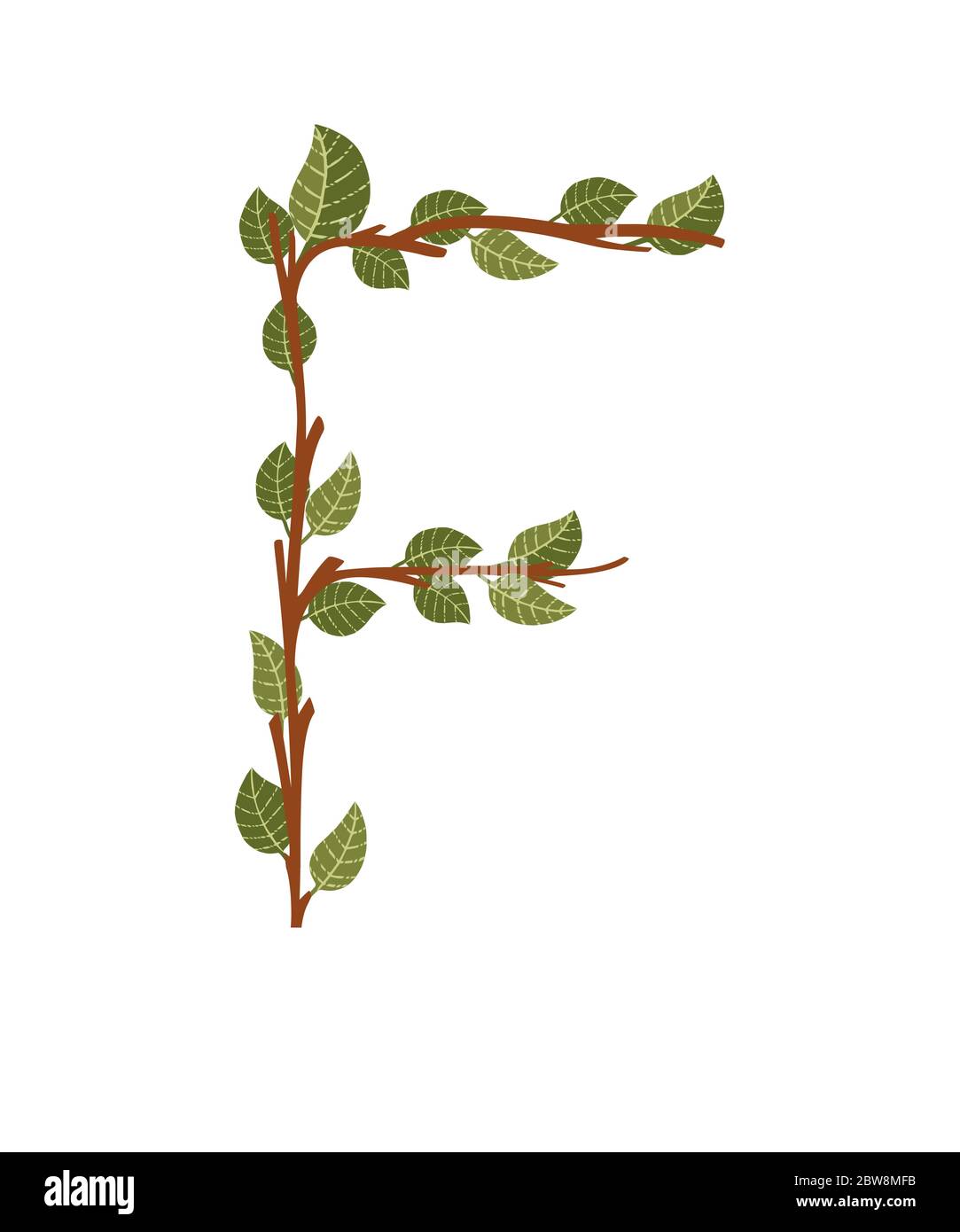Letter F brown tree branches with green leaves eco font flat vector ...