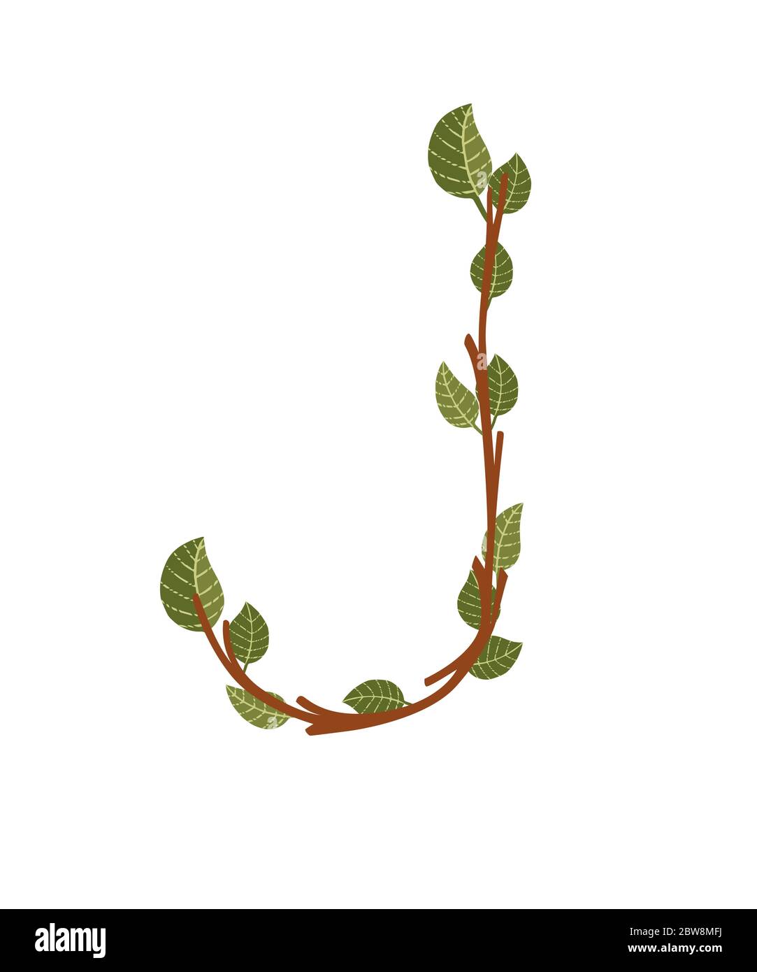 Letter J brown tree branches with green leaves eco font flat vector ...
