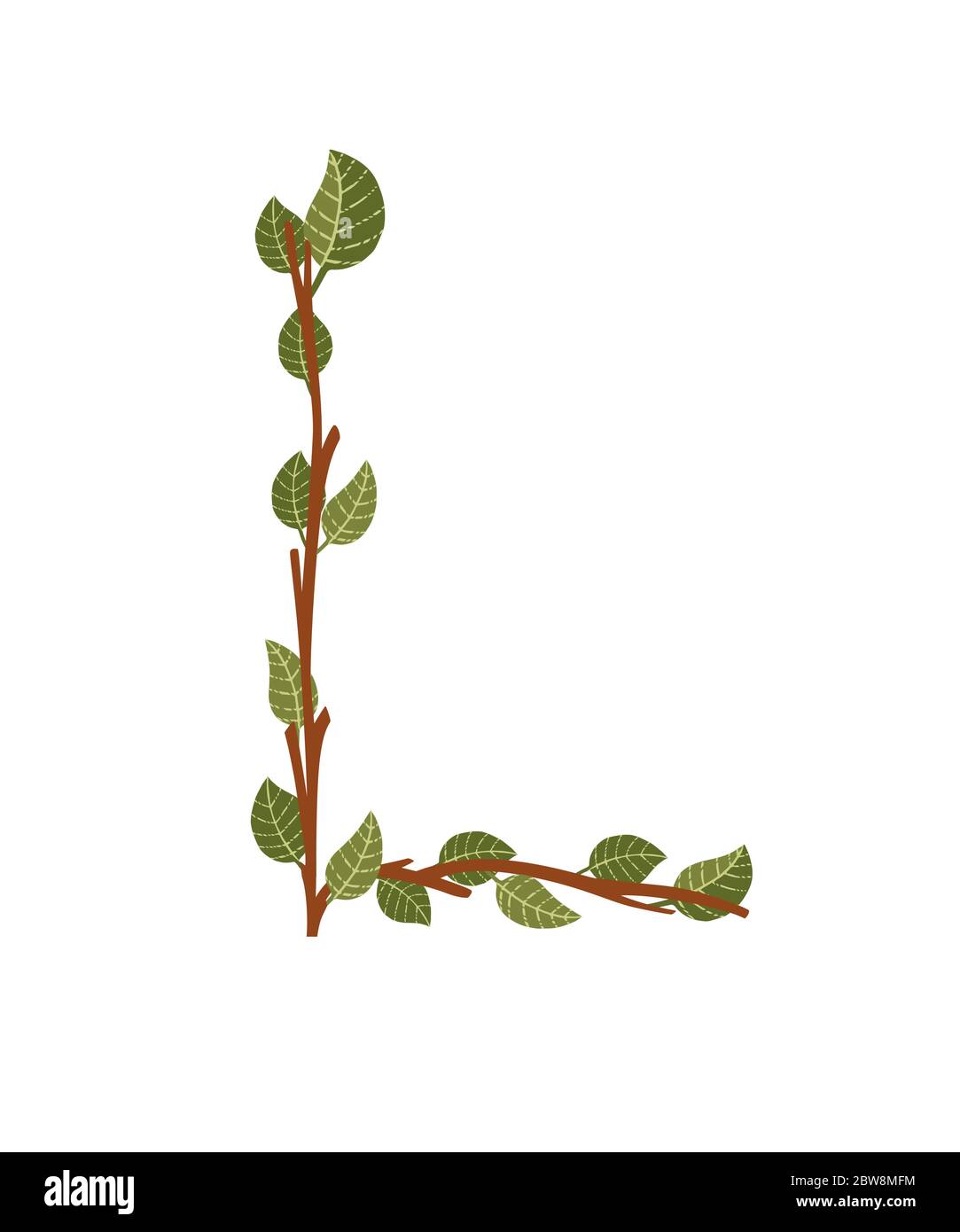 Letter L brown tree branches with green leaves eco font flat vector ...