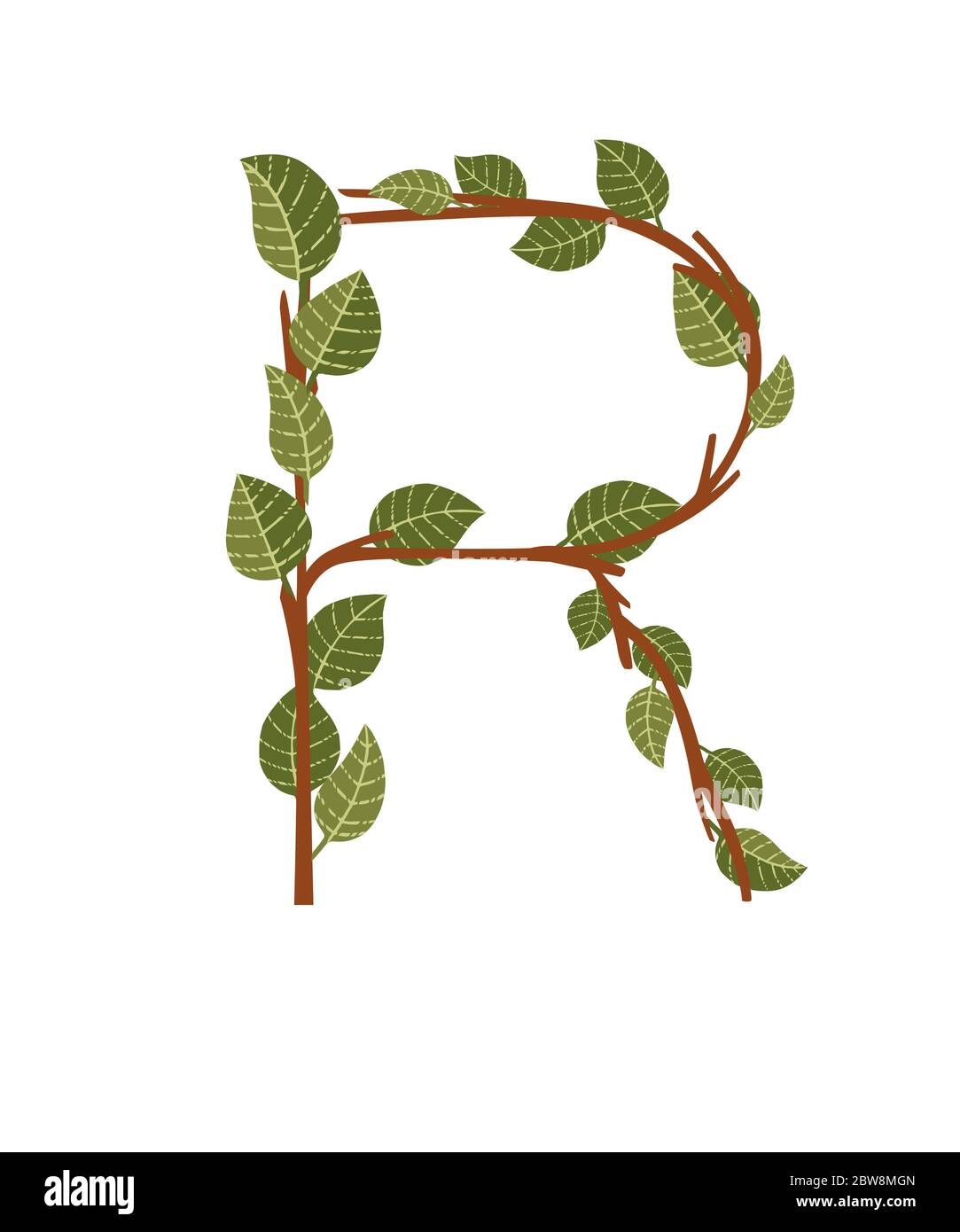 Letter R brown tree branches with green leaves eco font flat vector ...