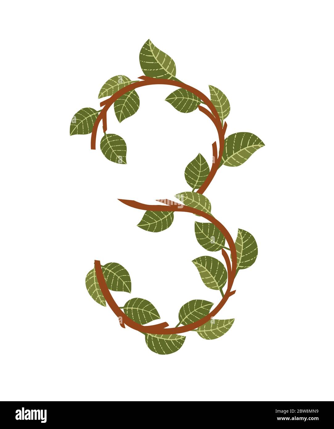 Number 3 brown tree branches with green leaves eco font flat vector ...