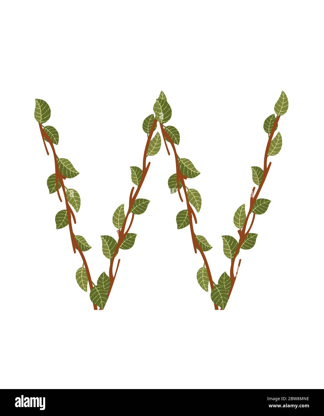 Letter W brown tree branches with green leaves eco font flat vector ...