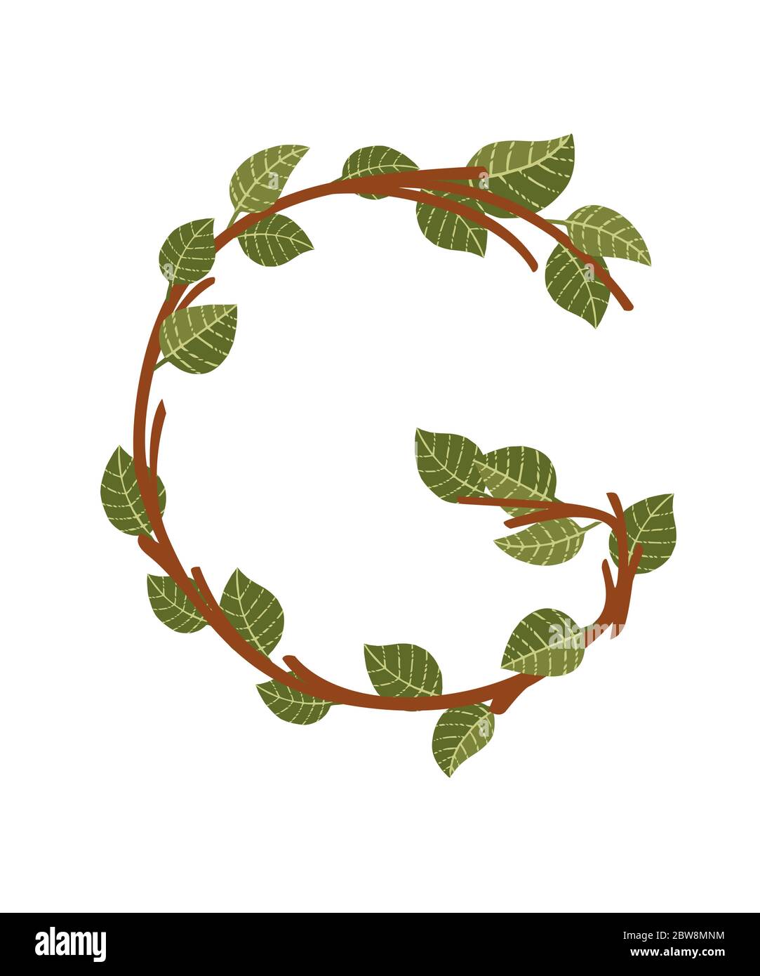 Letter G brown tree branches with green leaves eco font flat vector ...