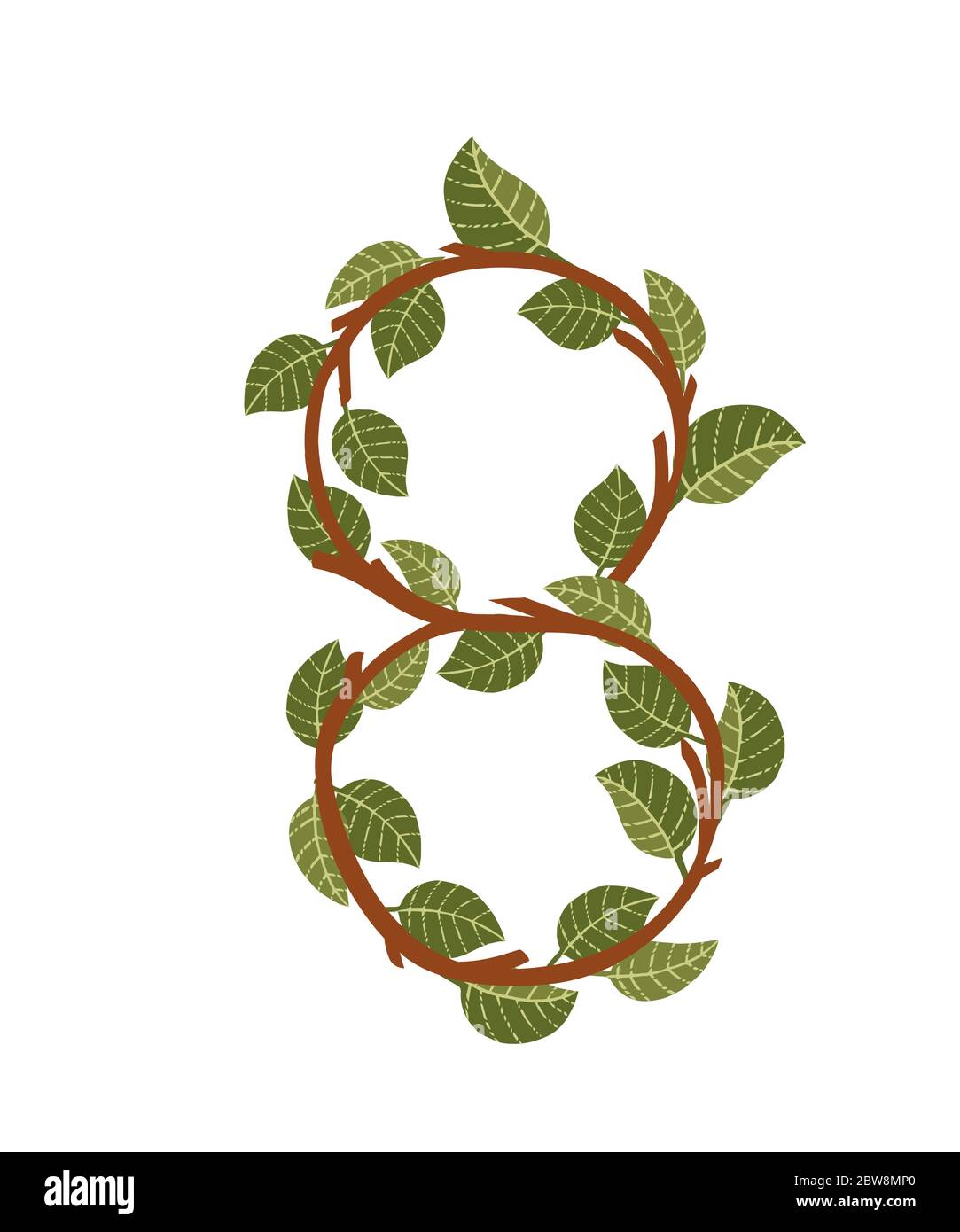 Number 8 brown tree branches with green leaves eco font flat vector ...