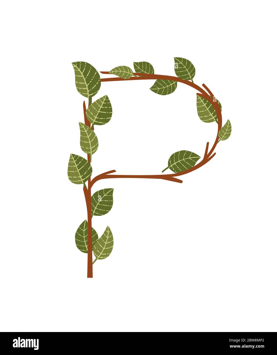 Letter P brown tree branches with green leaves eco font flat vector ...